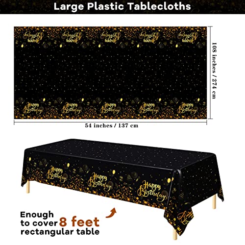 TURSTIN 2 Pack Happy Birthday Tablecloths Black Gold Plastic Table Cloth Rectangular 54 x 108 Inch Party Table Covers for Parties, Birthday, Anniversary Decorations