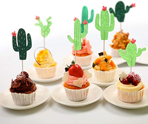 TianJi 24 Cactus Cupcake Toppers Picks Sticks Happy Birthday Cake Decorations for Luau Hawaiian Summer Beach Party Supplies
