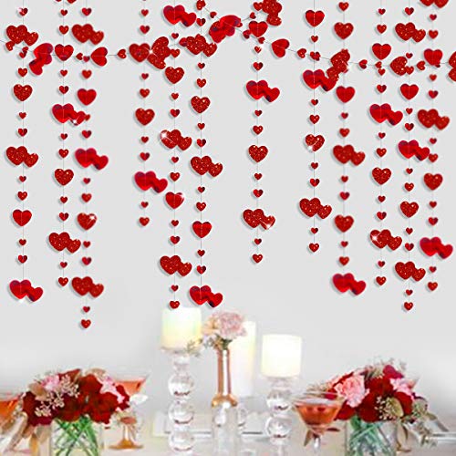 pinkblume 52Ft Red Heart Garland Metallic Glitter Hanging Heart Streamer Banner for Anniversary Mother's Day Valentines Day Engagement Wedding Bridal Shower Bachelorette Hen Party Decorations Supplies