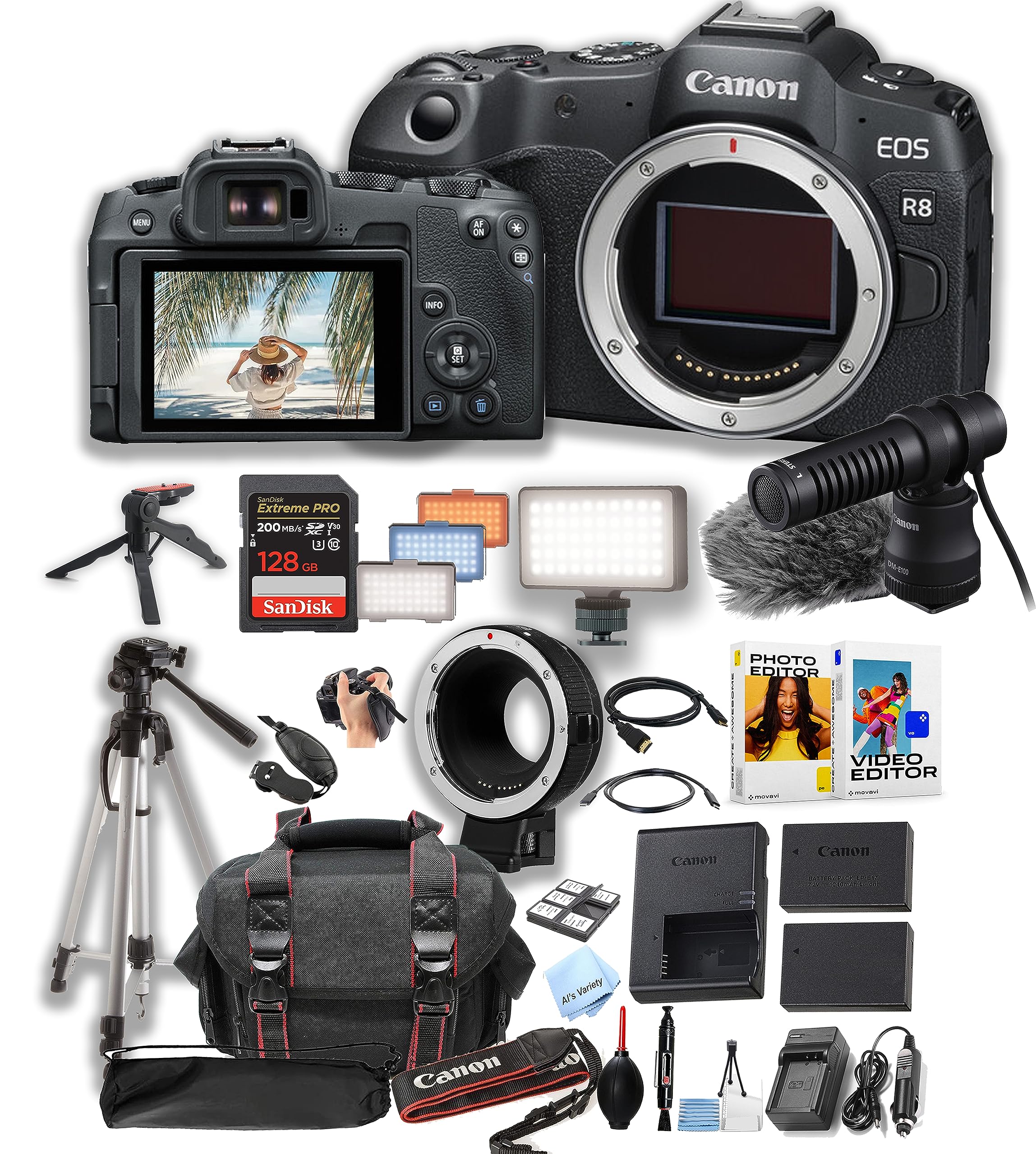 Canon EOS R8 Mirrorless Camera Body + 128GB Pro Speed Memory + EF-RF Lens Adapter + Led Video Light + DME 100 Microphone +Case + Tripod + Software Pack-Video Bundle (Renewed)