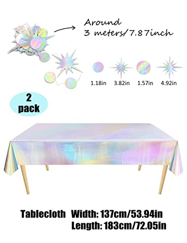 Iridescence Plastic Table Cloths for Parties 2 Pack Disposable Rectangle Holographic Foil Party Wedding Christmas Birthday Party Decorations with 2 Pack Star Garland Party Decorations Banner (Laser)