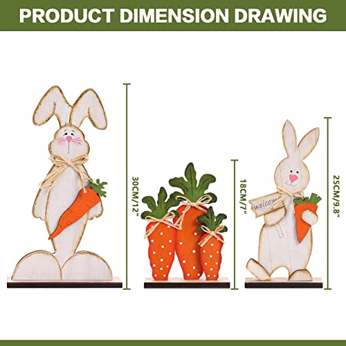 RoseCraft Easter Decorations, 3Pcs Rustic Wooden Bunny/Carrot Table Sign Decor for The Tabletop Centerpiece Rabbit Crafts Gift, for The Home Office Desk Birthday Party Supplies Spring Decorations.