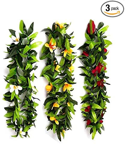 Besutolife Hawaiian Luau Leis Tropical Artificial Flower Leis Necklaces for Graduation Hula Costume Beach Party Hawaiian Luau Party 3 PCS