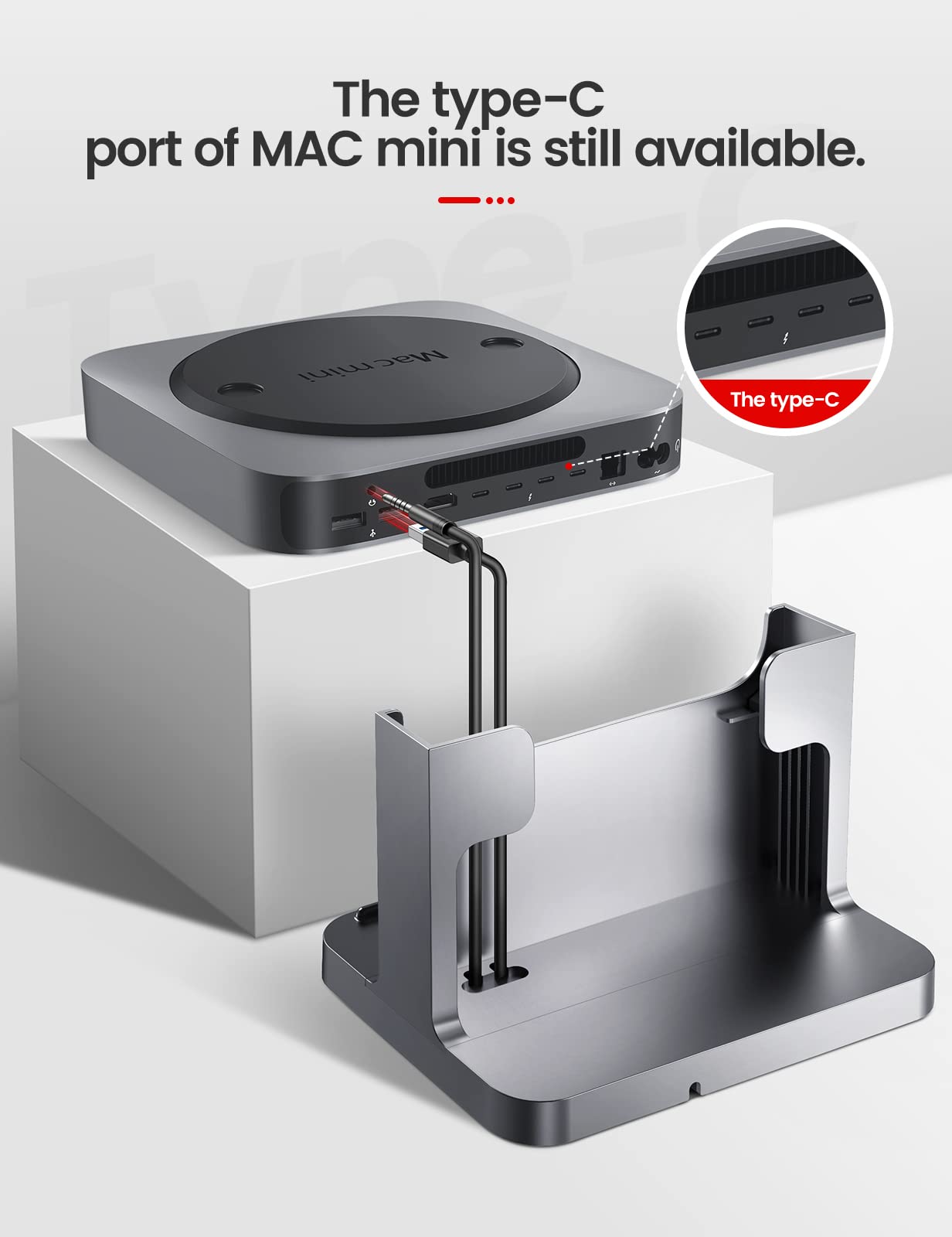 VAYDEER Mac Mini Stand Space Gray ABS Plastic Dock for Mac Mini, 8-in-1 Dock Station Holder with Power Adapter, USB 3.0 Ports/USB Hub for Data Transfer TF/SD Card Reader HDD/SSD Slot Audio Jack