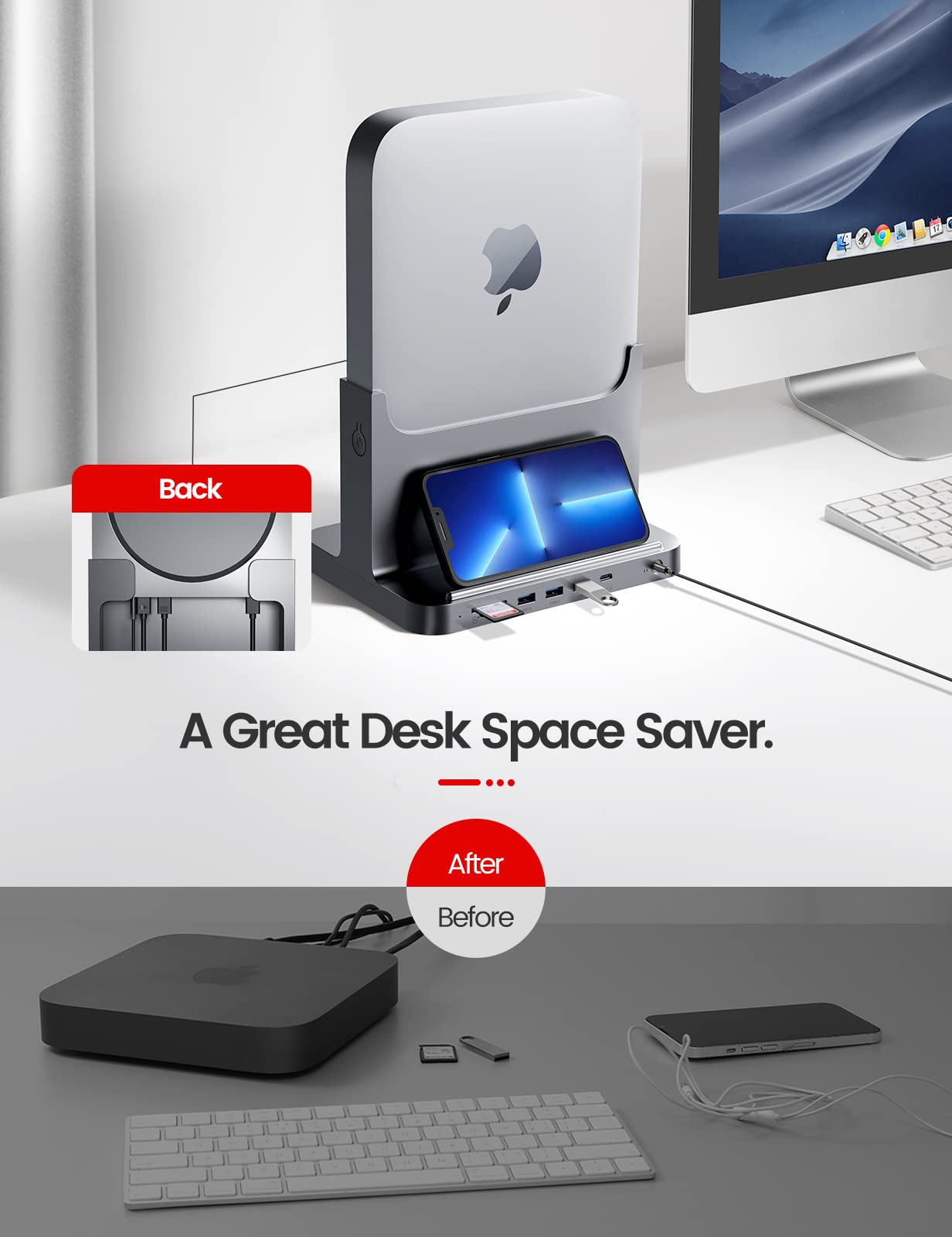 VAYDEER Mac Mini Stand Space Gray ABS Plastic Dock for Mac Mini, 8-in-1 Dock Station Holder with Power Adapter, USB 3.0 Ports/USB Hub for Data Transfer TF/SD Card Reader HDD/SSD Slot Audio Jack