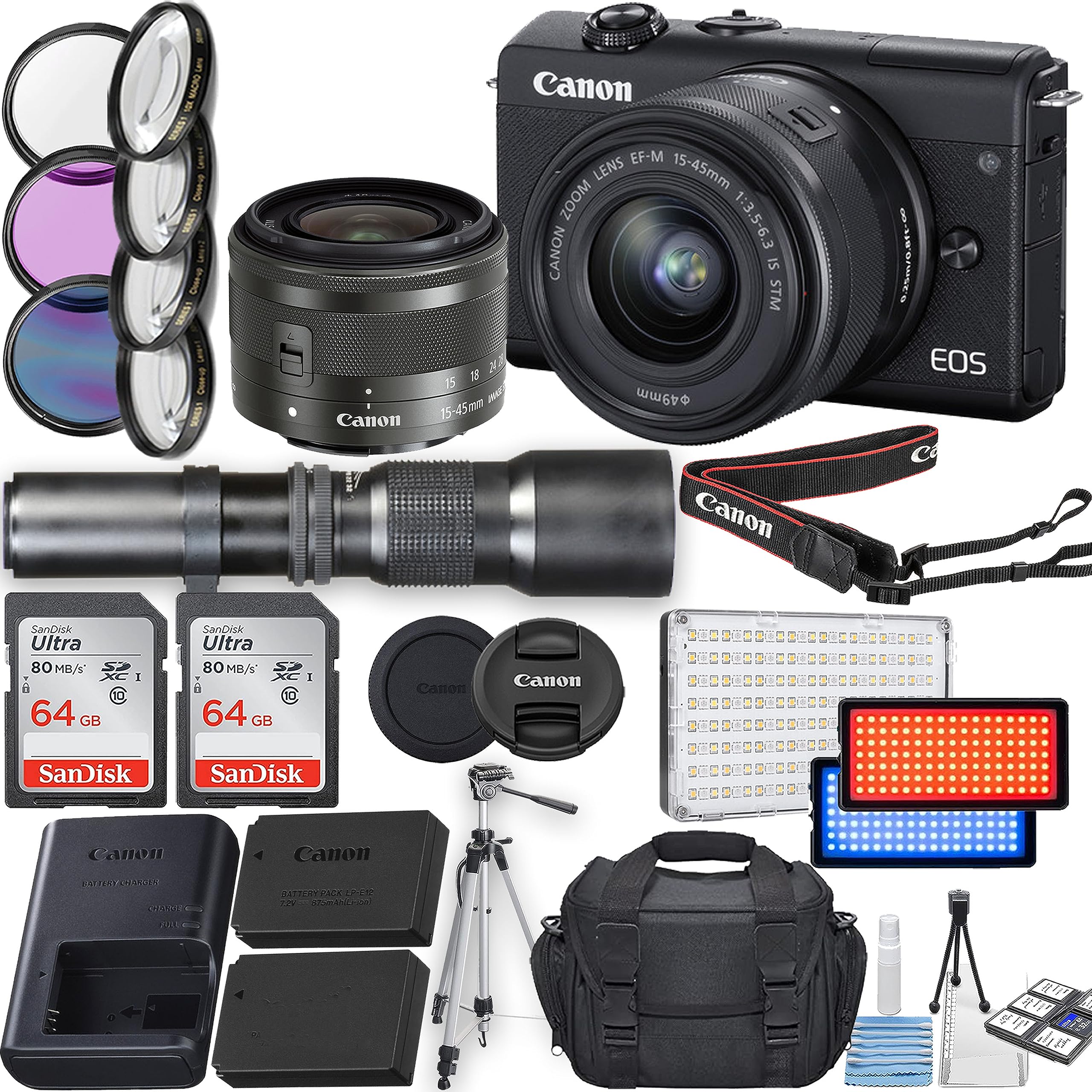 Canon EOS M200 Mirrorless Camera with EF-M 15-45mm f/3.5-6.3 is STM Lens + 500mm f/8 Preset Lens + 2pc 64GB Memory Cards + LED Video Light + Cleaning Kit & More (Renewed)