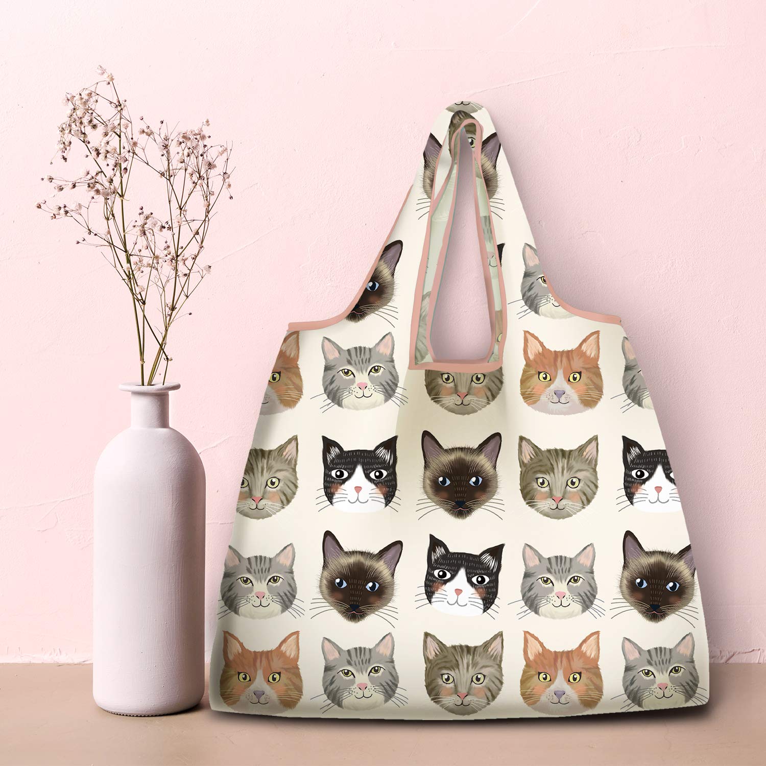 NymphFable 6 Pack Grocery Bags Reusable Cute Cat Animal Shopping Bags Washable Foldable Waterproof 50LBS