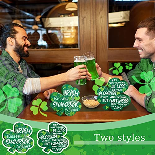 2 Pcs St Patrick's Day Table Wooden Signs Shamrocks Ornaments Irish Themed 5.91x5.78 Inch Lucky Tabletop St. Patrick's Table Decor Rustic Wood Centerpieces Green Shamrock Blocks Office Home Decor