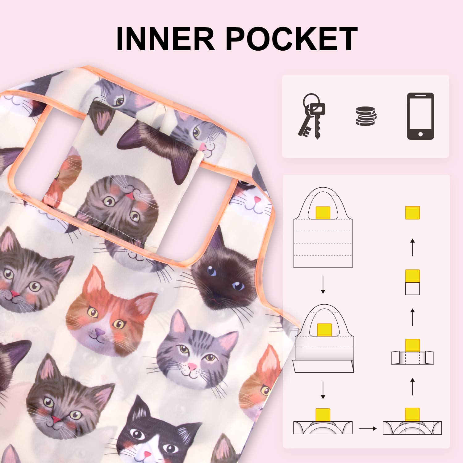 NymphFable 6 Pack Grocery Bags Reusable Cute Cat Animal Shopping Bags Washable Foldable Waterproof 50LBS