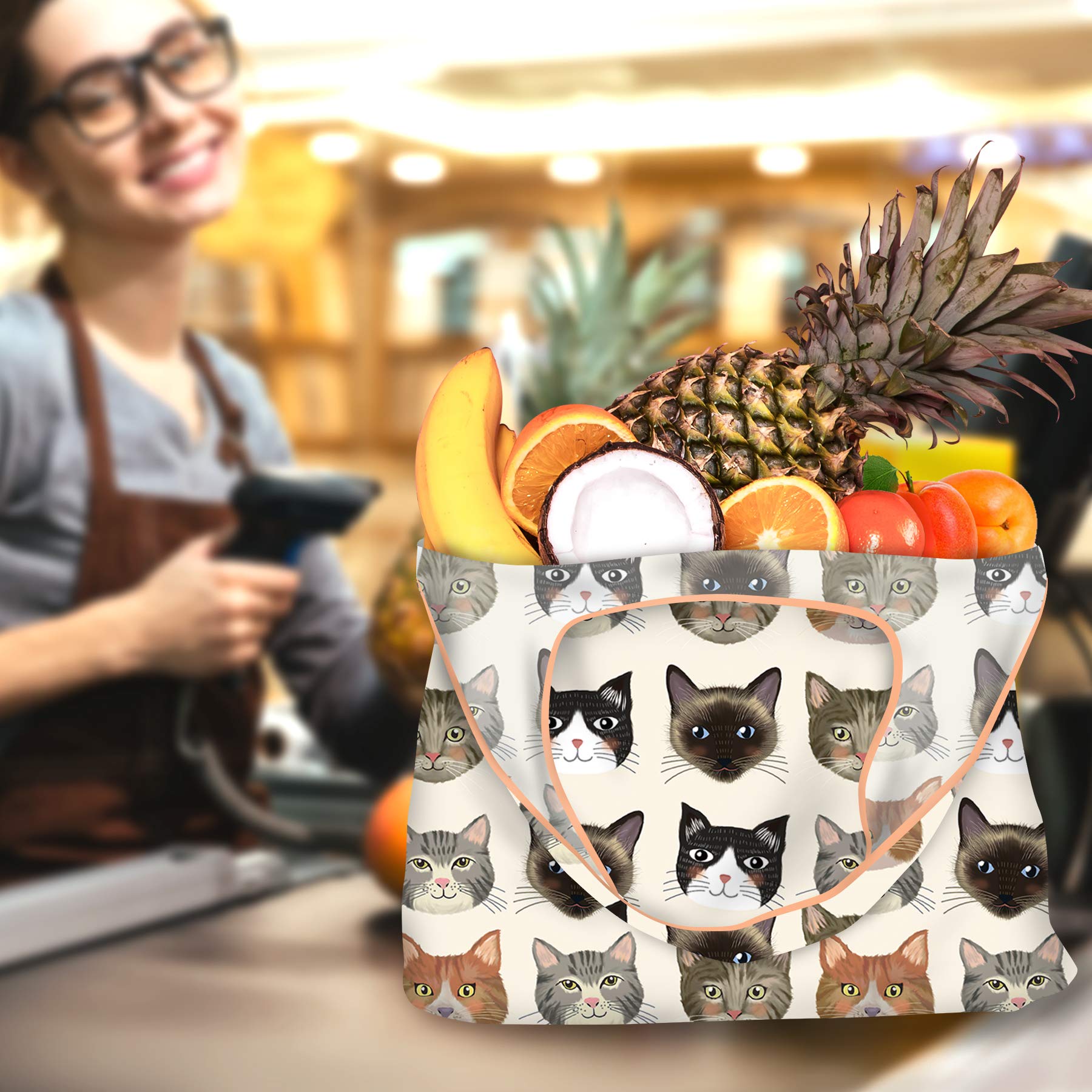 NymphFable 6 Pack Grocery Bags Reusable Cute Cat Animal Shopping Bags Washable Foldable Waterproof 50LBS
