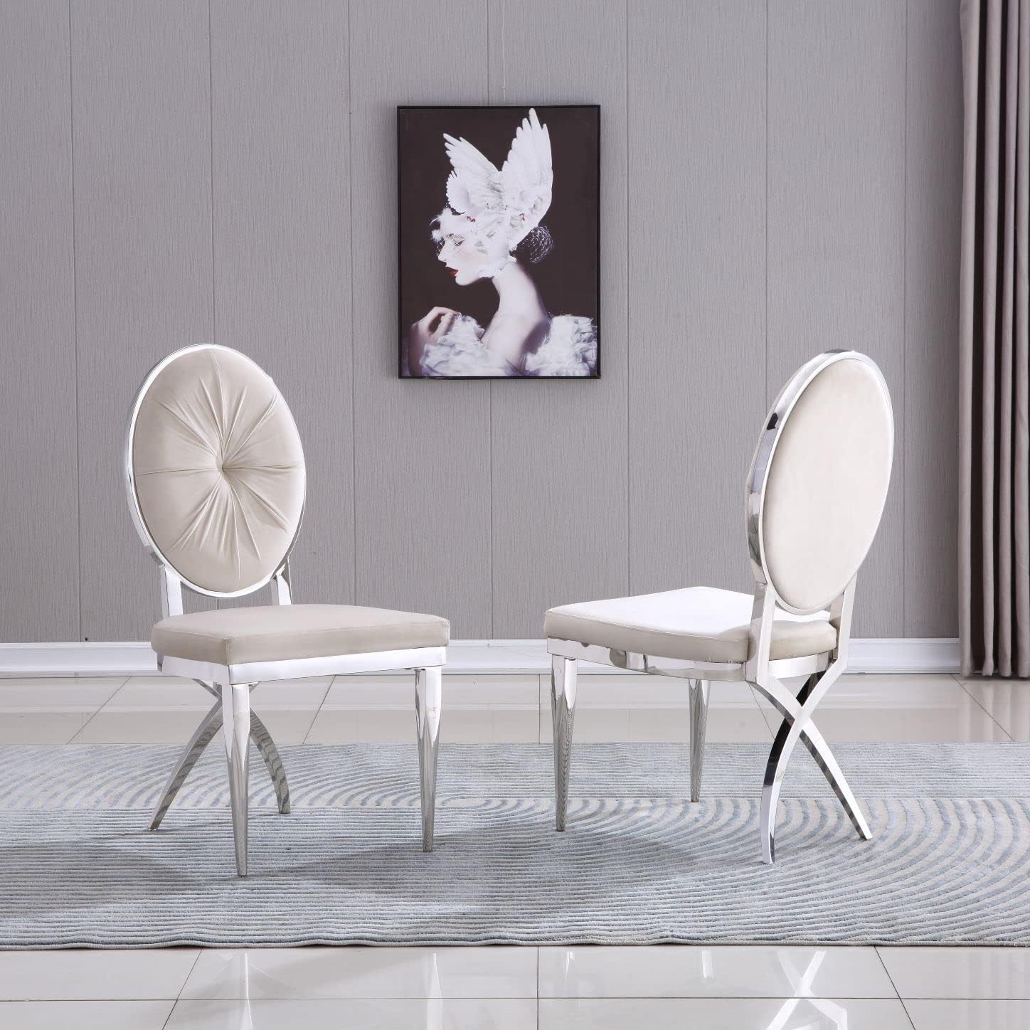 Asday Beige Dining Chairs Set of 2, Beige Velvet with Sliver Polished Metal Legs Dining Room Chiars, Upholstered Kitchen Chairfor Living Room, Dinning Room, Office(Set of 2)