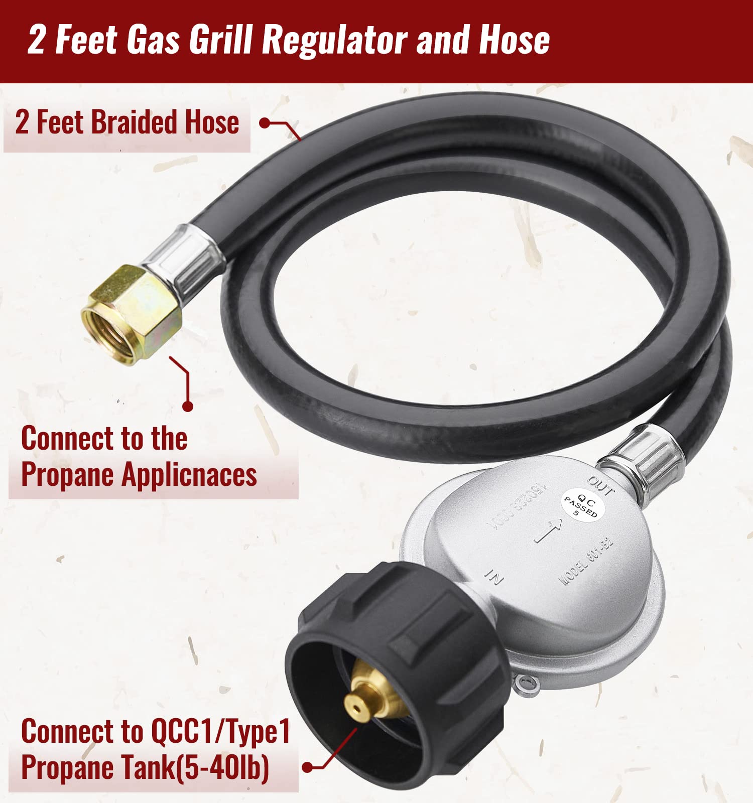CALPOSE 2 Feet Propane Hose with Regulator, Universal Gas Grill Regulator and Hose for Blackstone 28''/36'' Griddle, Weber Grill, Propane fire pit and More, 3/8" Female Flare for Most LP Gas Grills