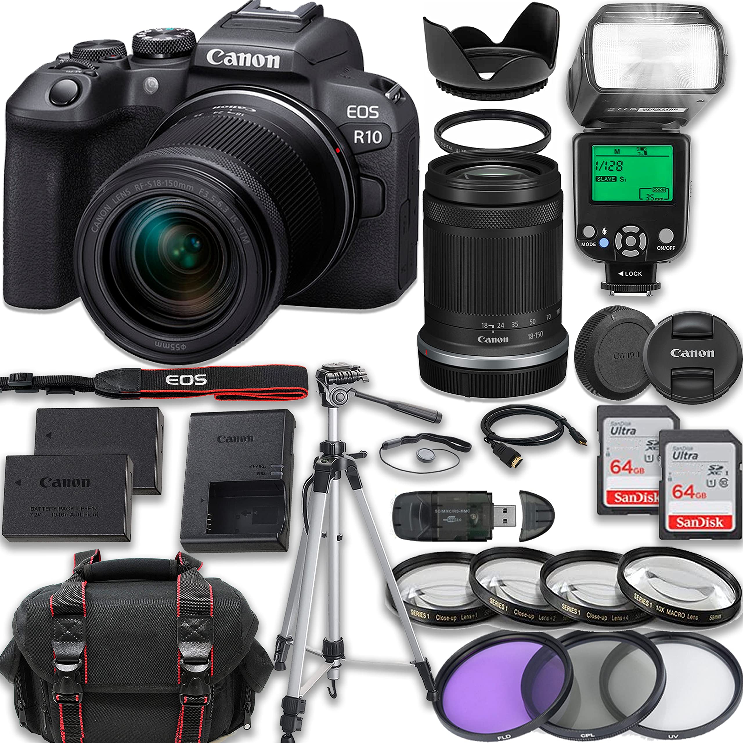 Canon EOS R10 Mirrorless Camera RF-S 18-150mm is STM Lens + Accessories Included: 2X 64GB Memory Cards, TTL Flash, Extra Battery, Case, Tripod & More (Renewed)