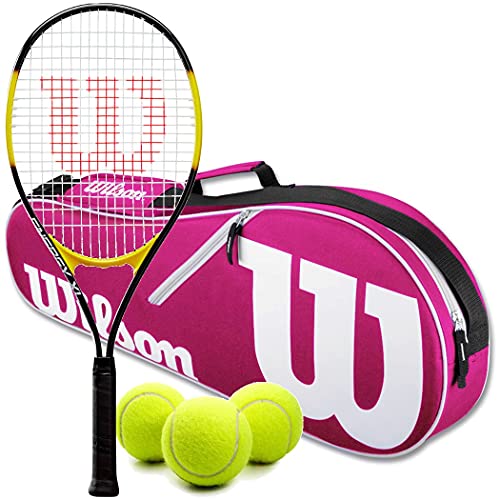 Wilson Energy XL 112 Pre-Strung Recreational Tennis Racquet Bundled with a Pink Advantage II Tennis Bag and a Can of Tennis Balls