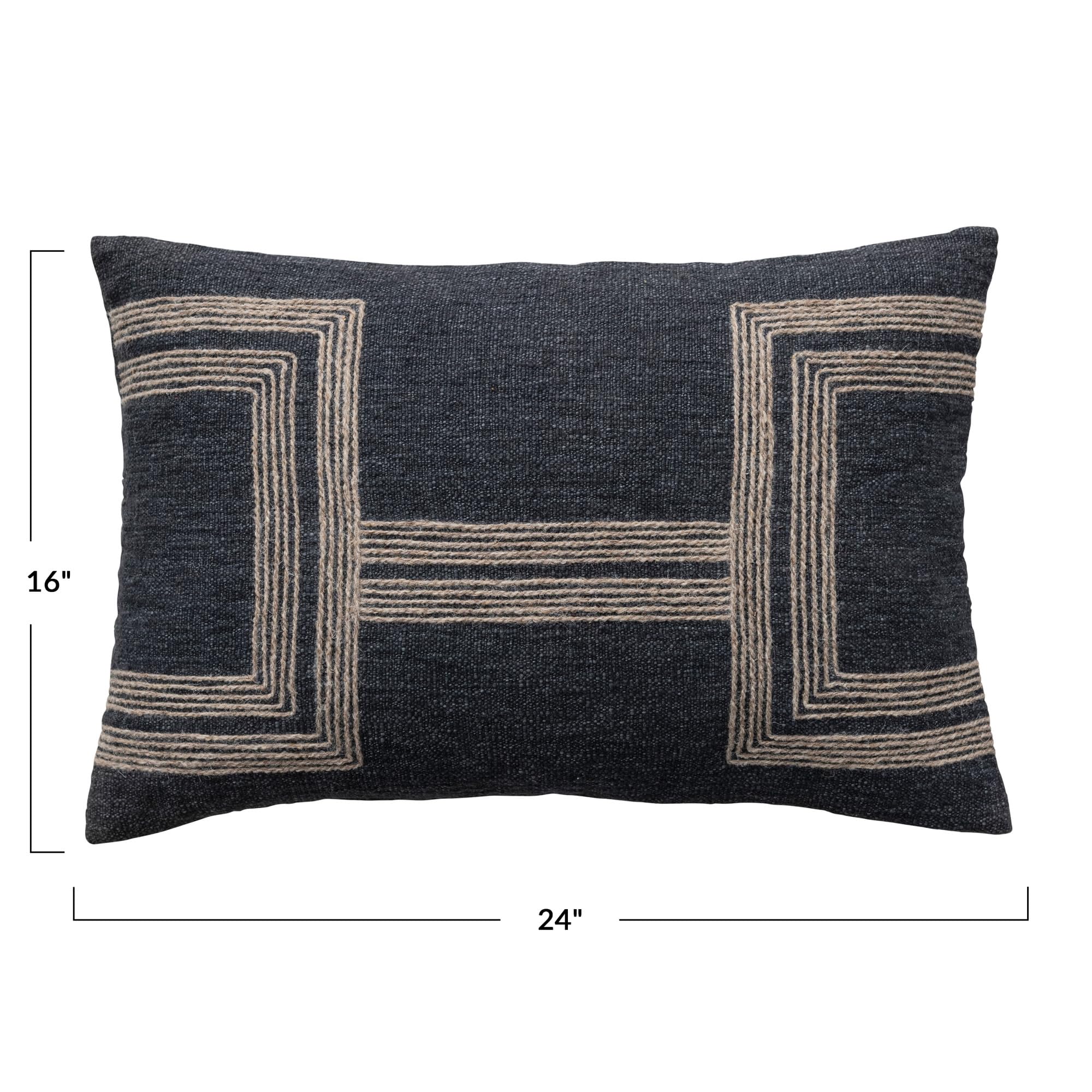 Creative Co-Op 24 Inches Cotton Blend Lumbar Jute Embroidery, Charcoal and Natural Pillow, Gray