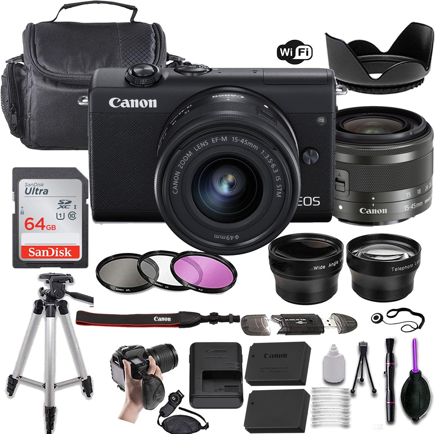 Canon EOS M200 Mirrorless Digital Camera (Black) w/EF-M 15-45mm f/3.5-6.3 is STM + Wide-Angle and Telephoto Lenses + Portable Tripod + 64GB Memory Card + Deluxe Accessory Bundle (Renewed)