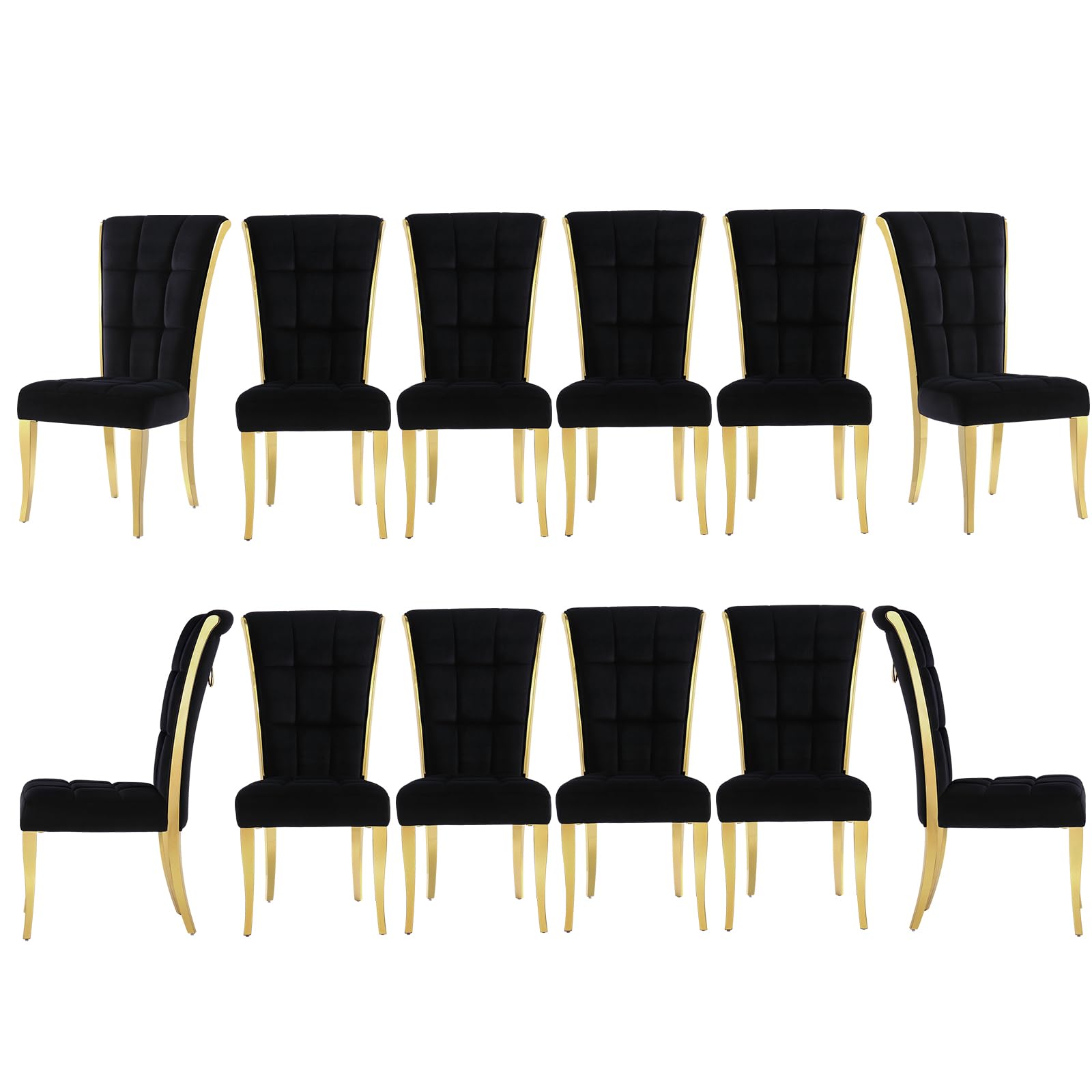 Asday Black Velvet Dining Chairs, Metal Back Ring Pull Trim and Golden Legs, Black and Gold Dining Chair for Dining Room, Apartment, Kitchen (Black, Set of 12)