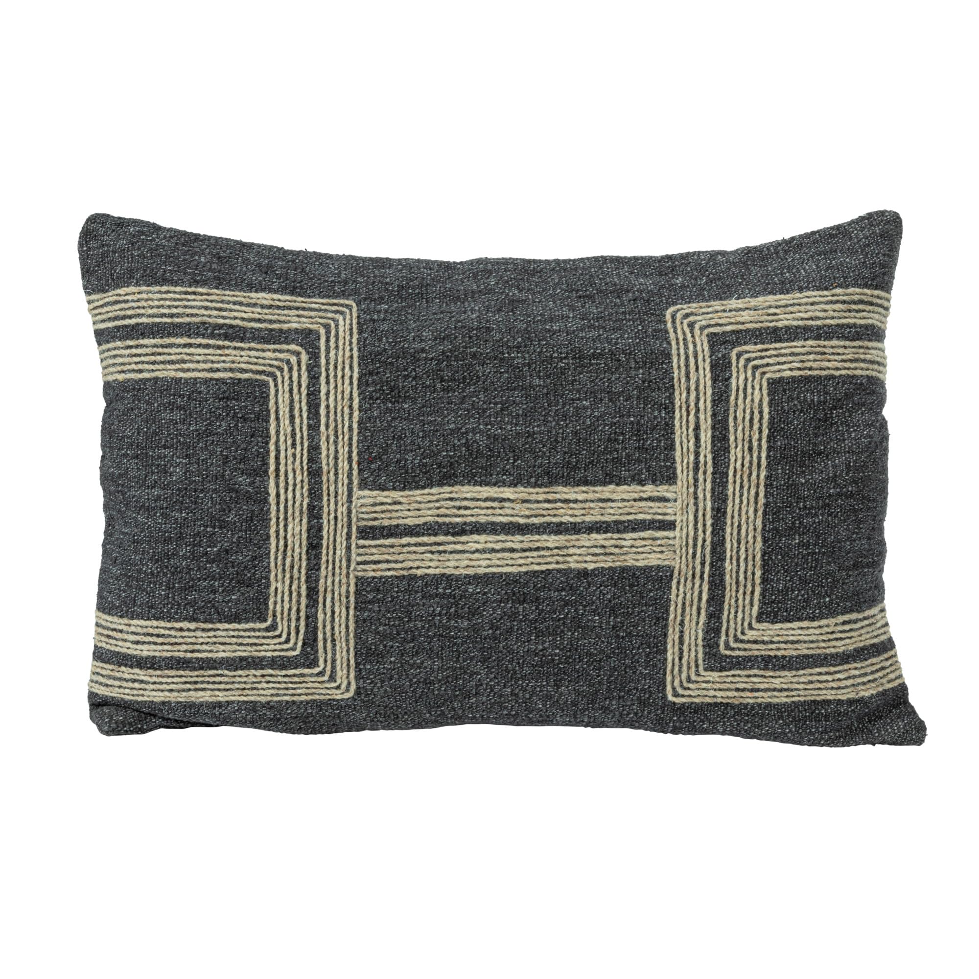 Creative Co-Op 24 Inches Cotton Blend Lumbar Jute Embroidery, Charcoal and Natural Pillow, Gray