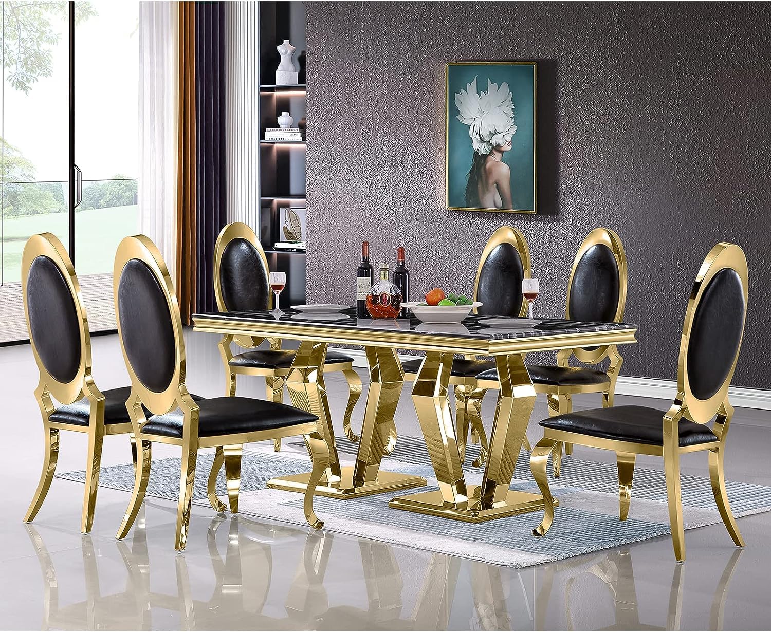 Asday Classic King Louis Black Faux Leather Upholstered Dining Chairs, Luxurious Dining Chairs with Polished Gold Oval Back and Mid-Century Modern Legs (Set of 12)