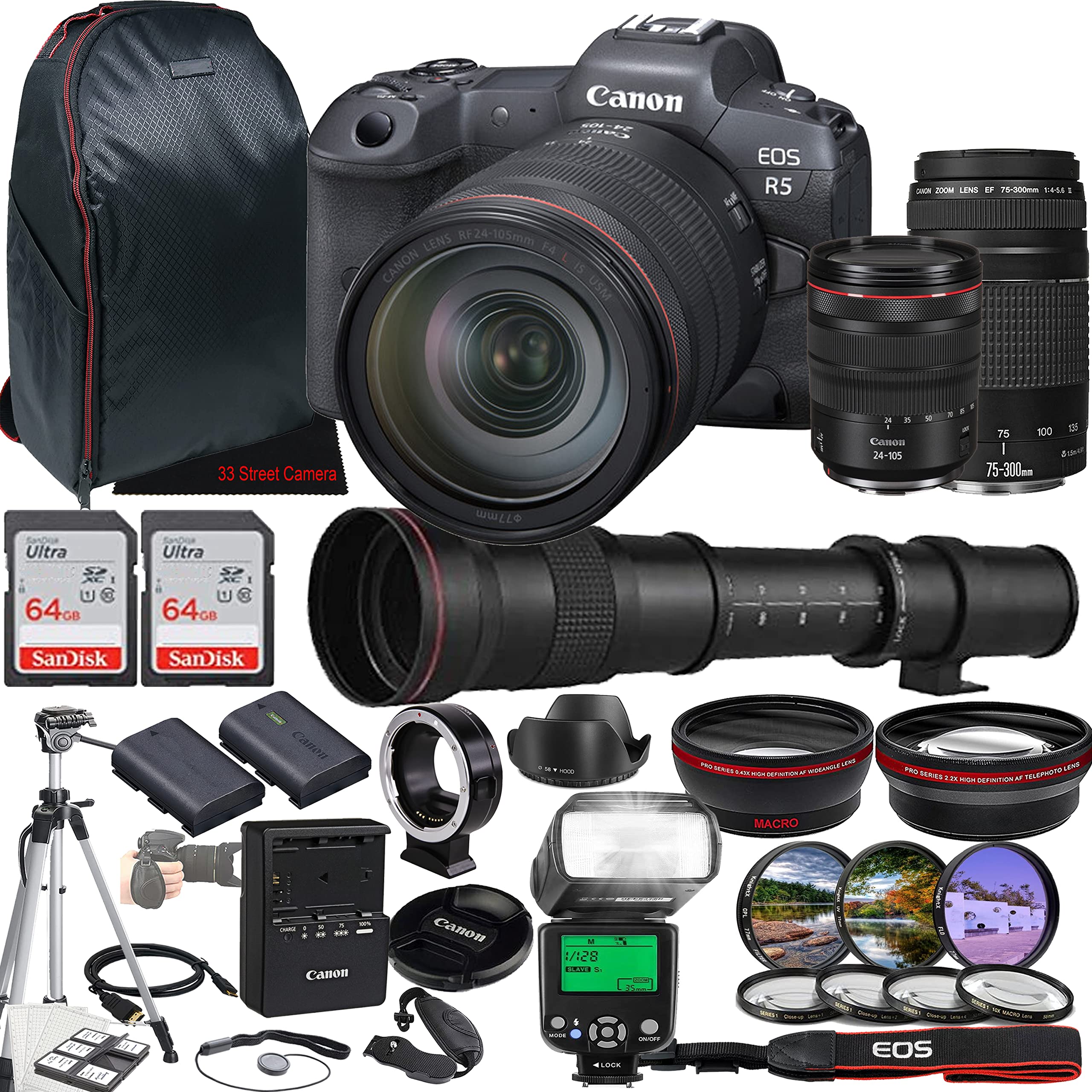 Canon EOS R5 Mirrorless Camera w/RF 24-105mm f/4 L is USM Lens + EF 75-300mm f/4-5.6 III Lens + 420-800mm f/8.3 HD Lens + 2X 64GB Memory + Case + Filters + TTL Flash + More (35pc Bundle) (Renewed)