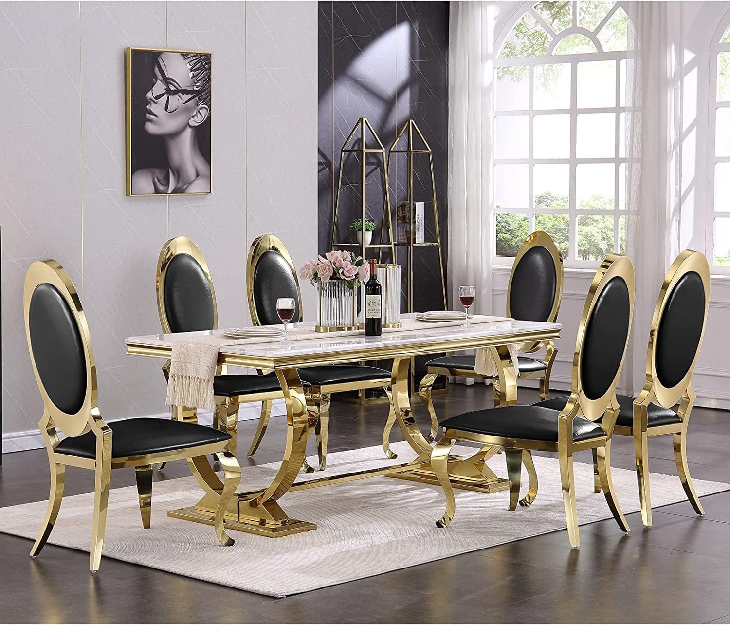 Asday Classic King Louis Black Faux Leather Upholstered Dining Chairs, Luxurious Dining Chairs with Polished Gold Oval Back and Mid-Century Modern Legs (Set of 12)