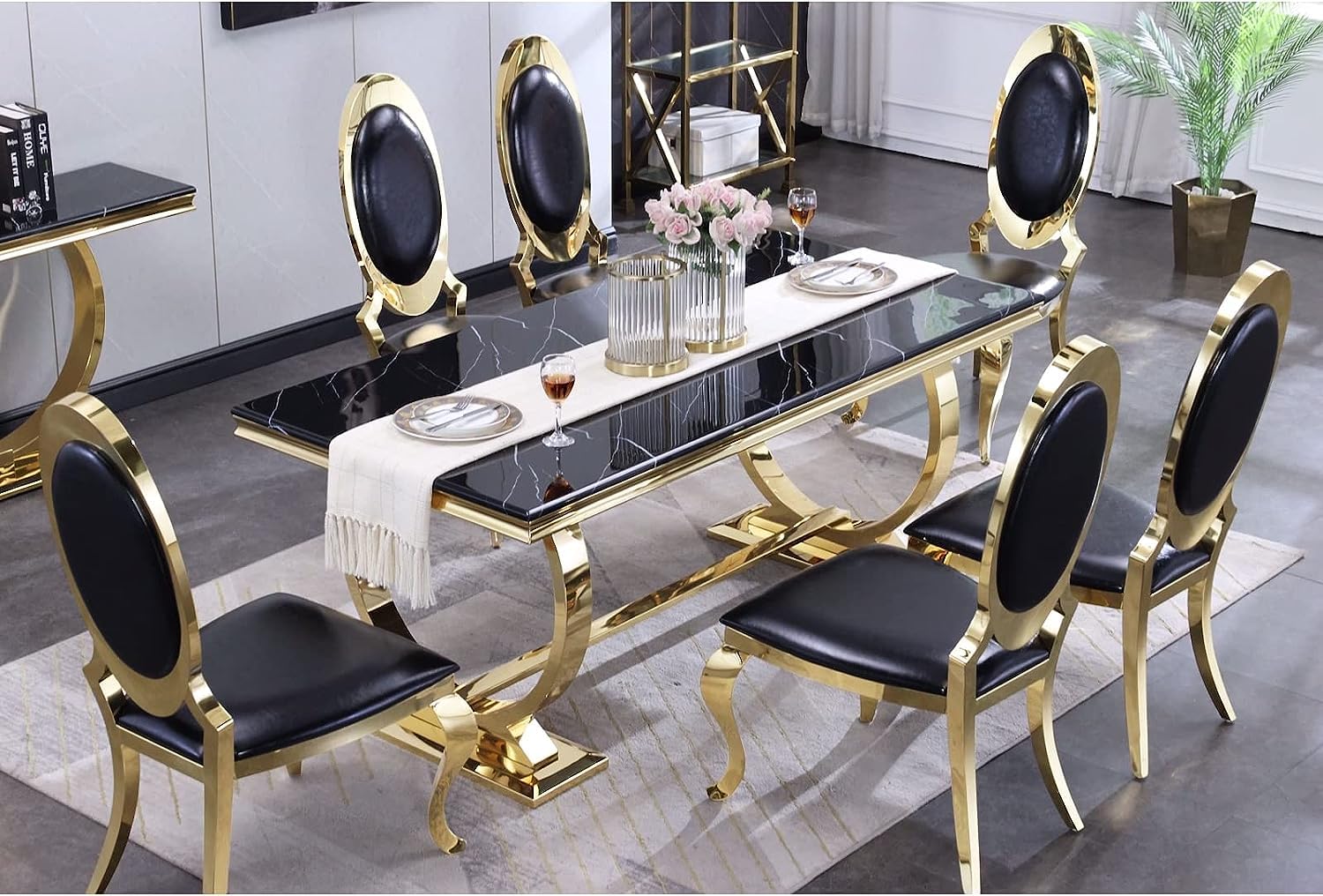 Asday Classic King Louis Black Faux Leather Upholstered Dining Chairs, Luxurious Dining Chairs with Polished Gold Oval Back and Mid-Century Modern Legs (Set of 12)