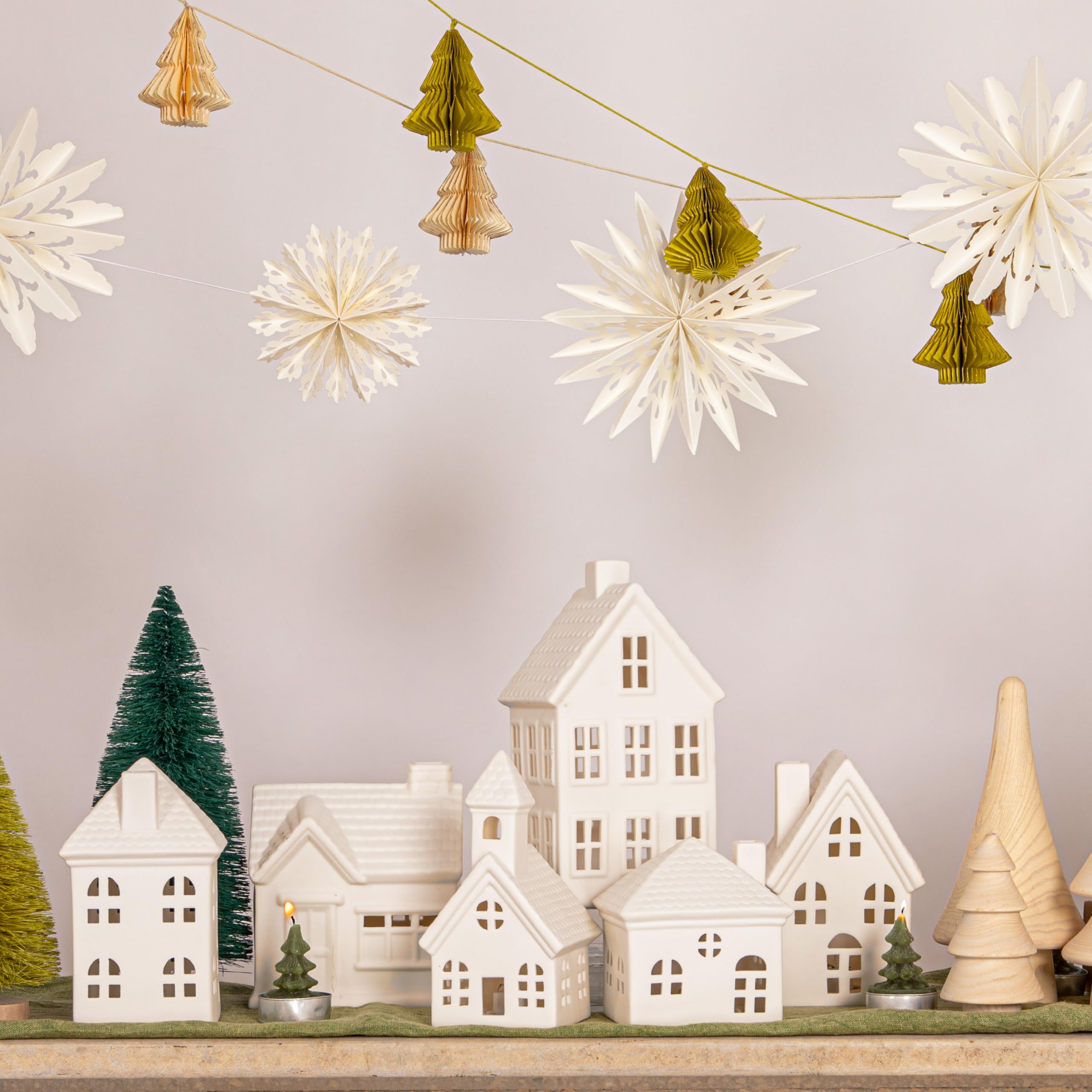 Creative Co-Op Stoneware Bisque Houses with LED Lights, White, Set of 6