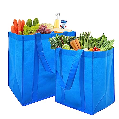 Swotiva Reusable Grocery Bags 10 Pack, Eco-Friendly Tote Bags with Reinforced Handle and Removable Bottom, 15"x13"x10" Large Washable Non-woven Shopping Bags for Groceries Gift Parties, Blue