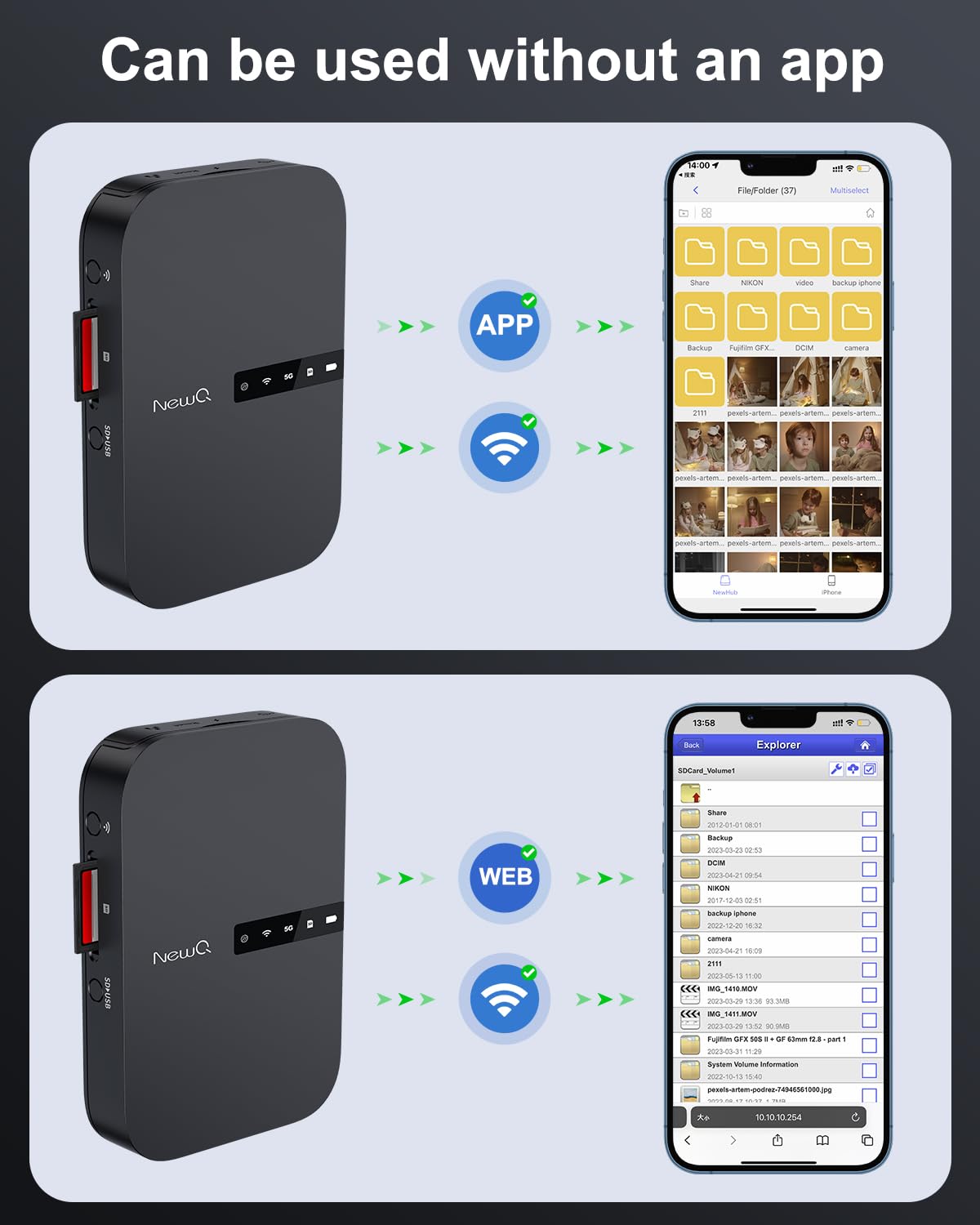 Wireless SD Card Reader for iPhone iPad: NewQ Filehub External Memory Card Reader Adapter Transfer Files from Camera SD & Micro SD to SSD & USB Drive Compatible with Phone | Computer | MacBook