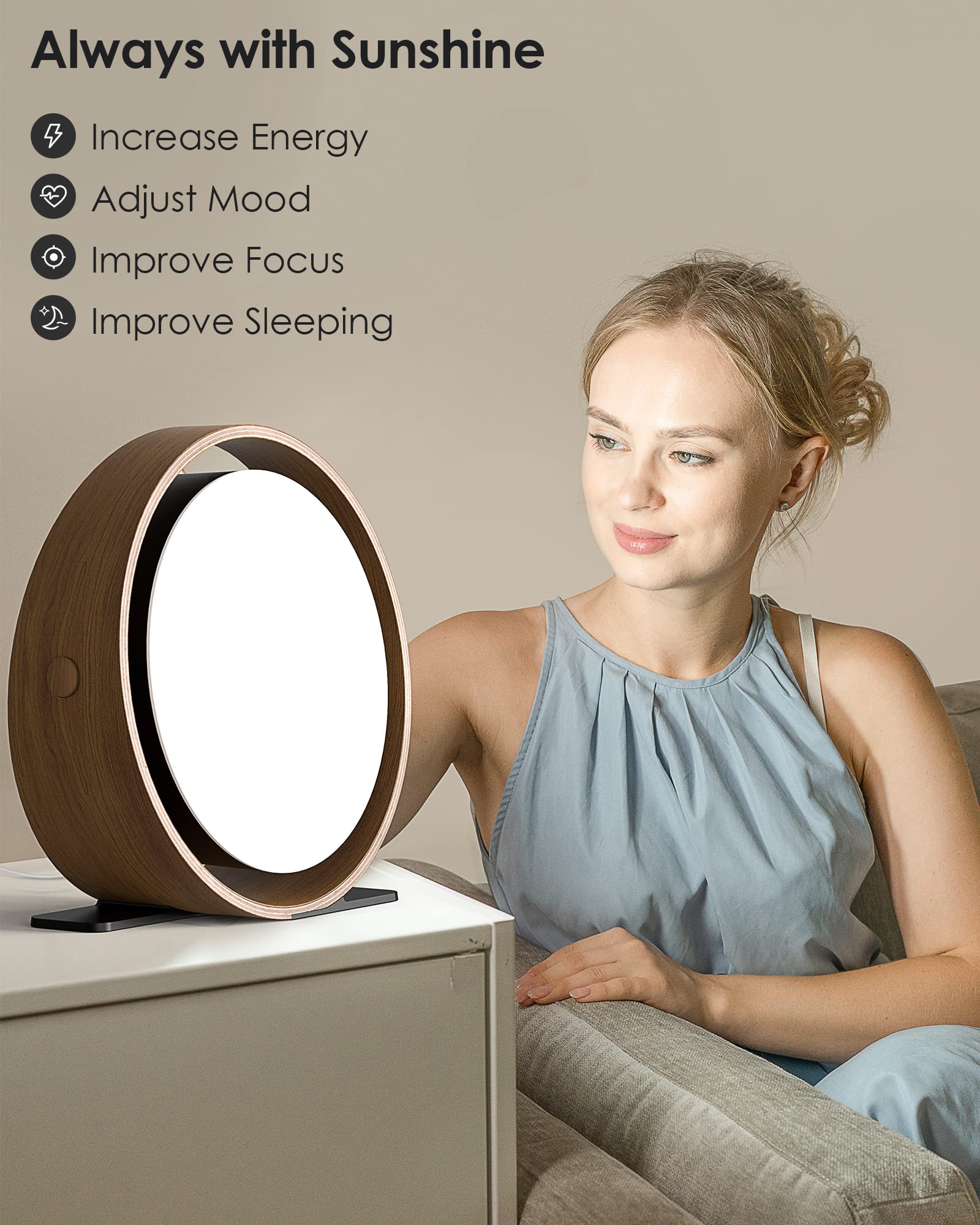 ALBINA Light Therapy Lamp, UV-Free 10,000 Lux Full Spectrum Happy Mood Lamp with RF Remote Control, Wooden Round Frame Sunlight Lamp for Home with Adjustable Color, Brightness, Timer, Memory