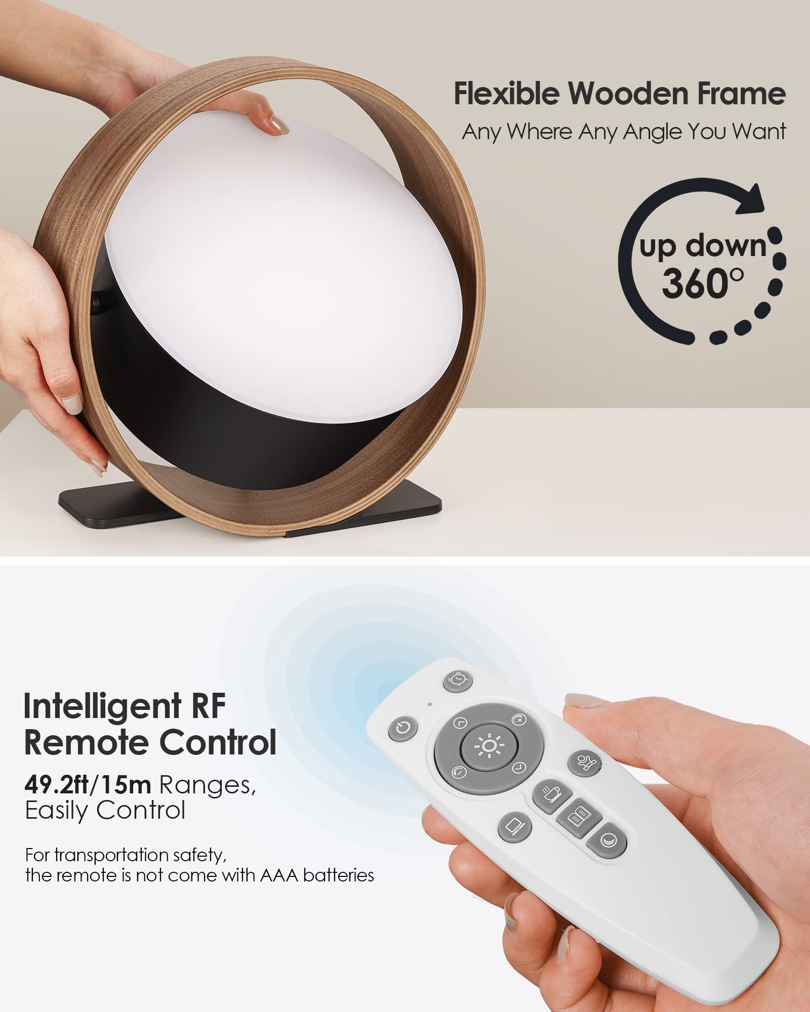 ALBINA Light Therapy Lamp, UV-Free 10,000 Lux Full Spectrum Happy Mood Lamp with RF Remote Control, Wooden Round Frame Sunlight Lamp for Home with Adjustable Color, Brightness, Timer, Memory