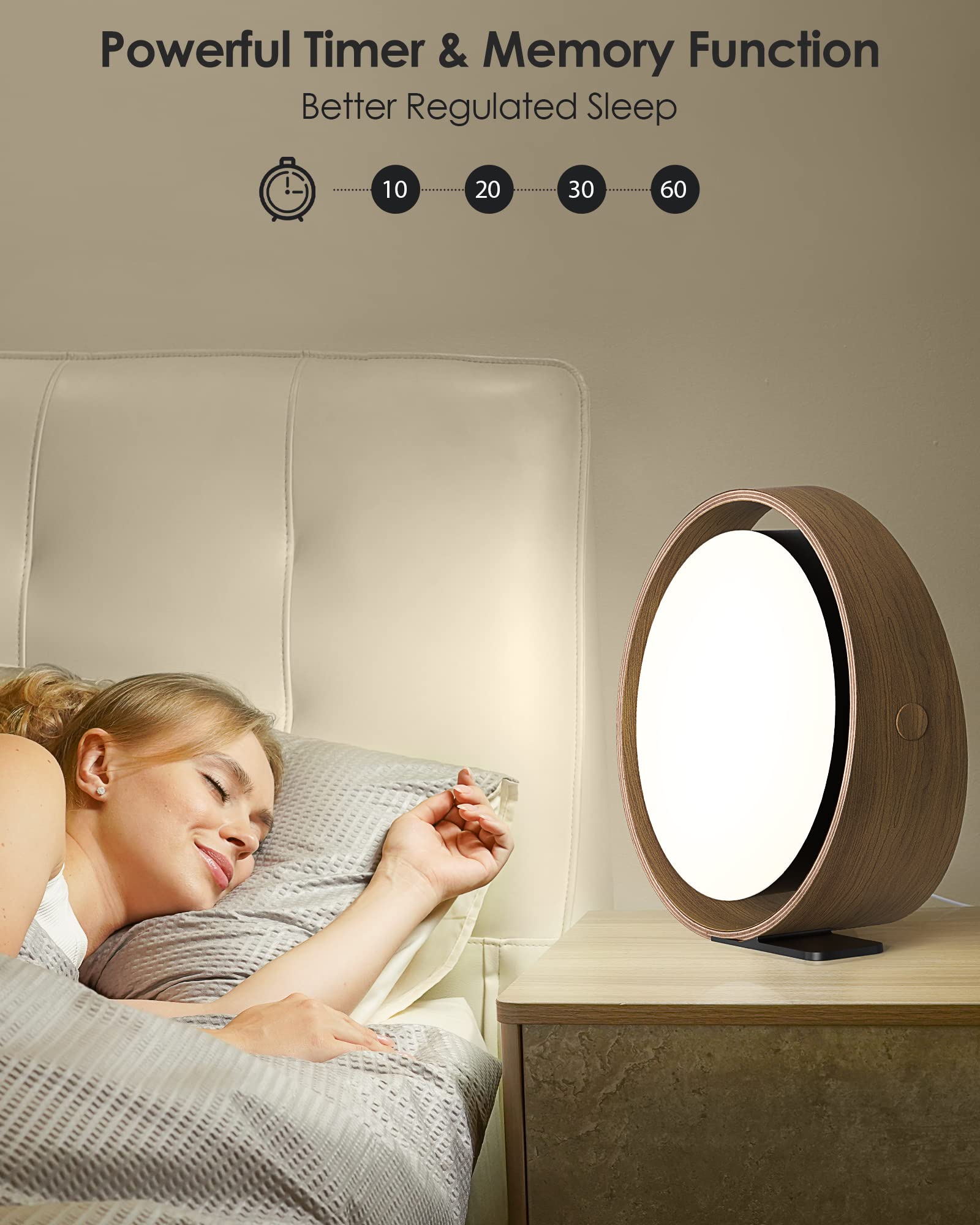 ALBINA Light Therapy Lamp, UV-Free 10,000 Lux Full Spectrum Happy Mood Lamp with RF Remote Control, Wooden Round Frame Sunlight Lamp for Home with Adjustable Color, Brightness, Timer, Memory