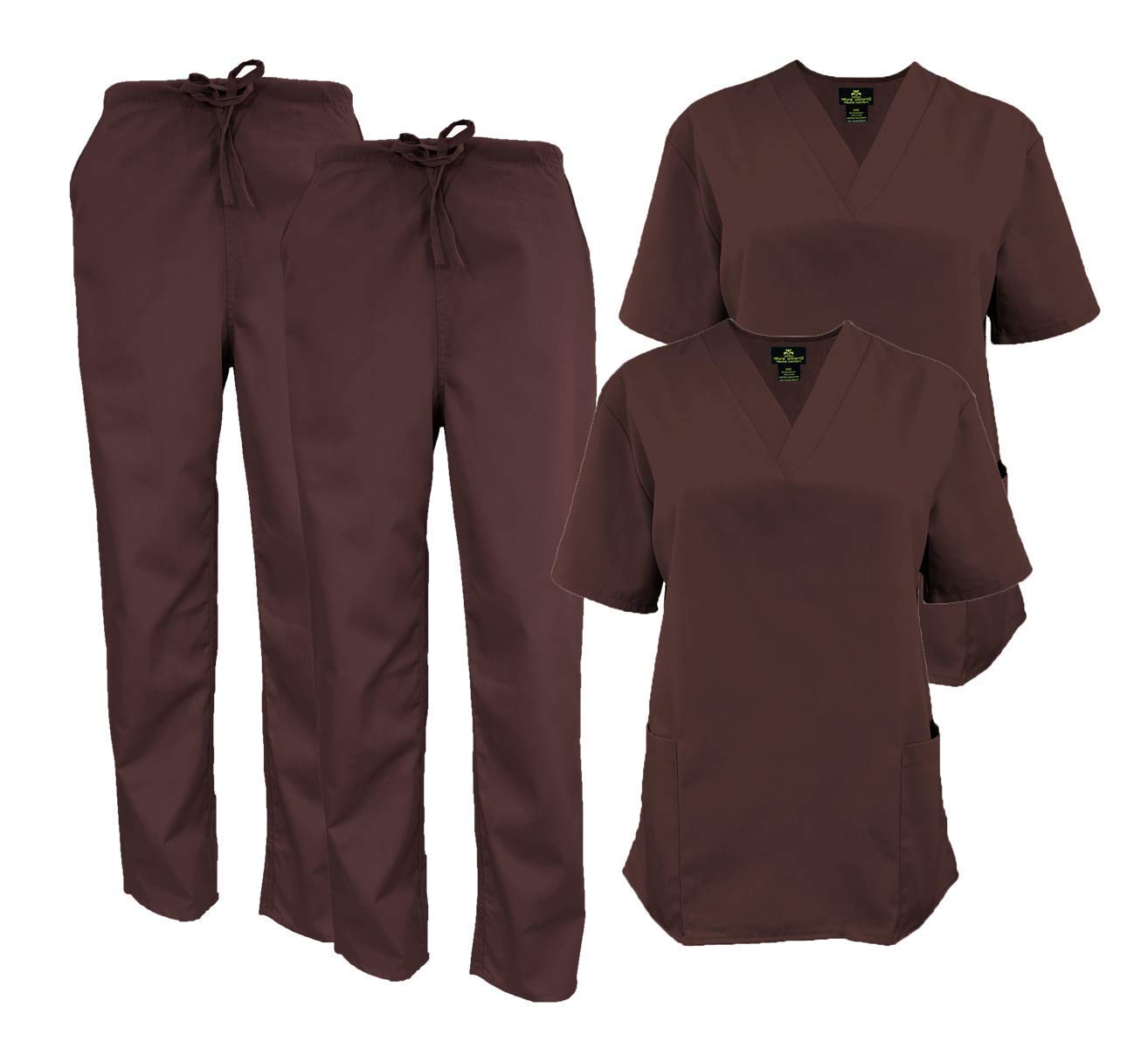 Natural Uniforms Women's Scrub Set Medical Scrub Tops and Pants - Pack of 2 Set (Large, Chocolate)