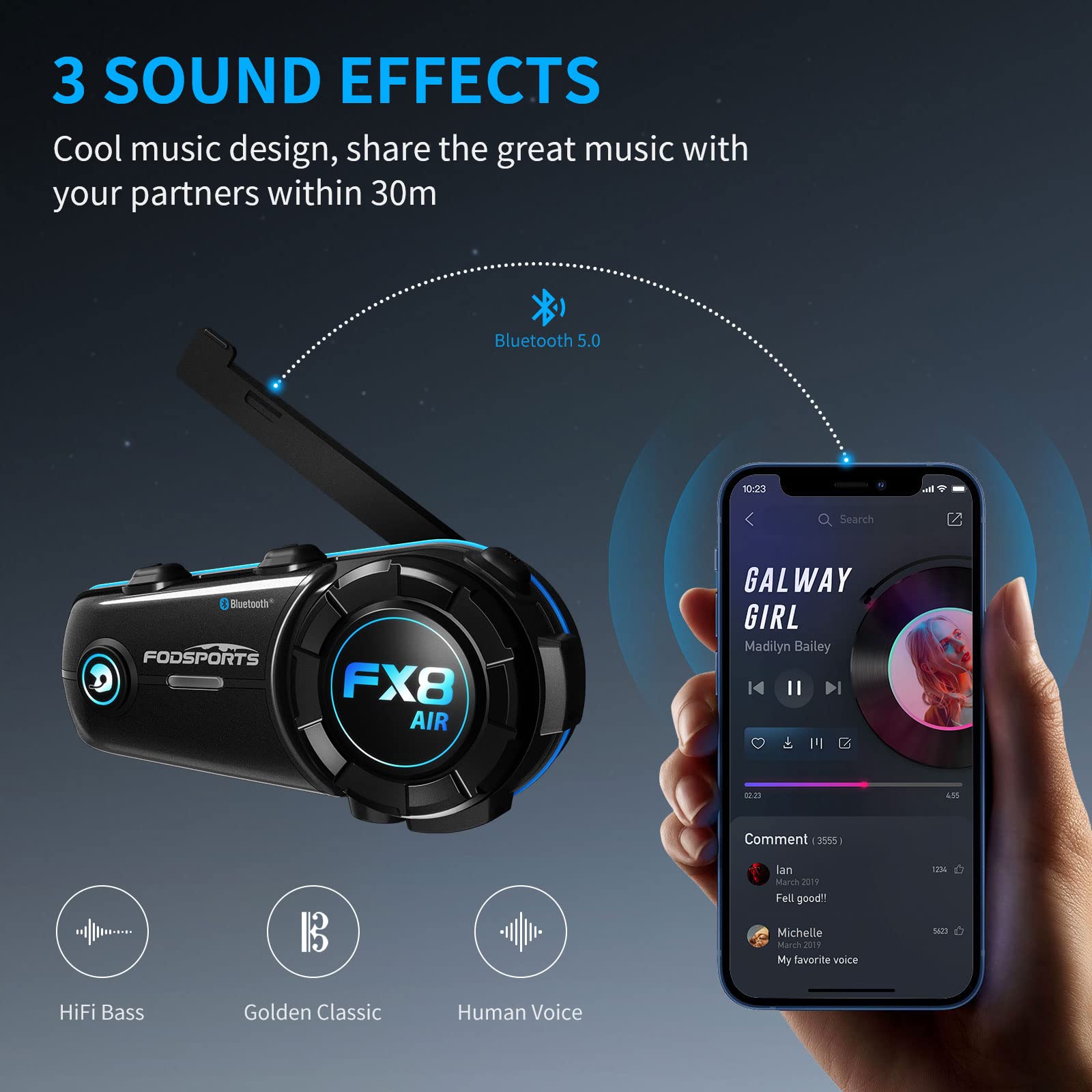 Fodsports FX8 AIR Motorcycle Bluetooth Headset, 1000M Motorcycle Communication Systems with 3 Sound Effects, Hands-Free Helmet Intercom with CVC Noise Cancellation, IP65 Waterproof, FM Radio, 1 Pack