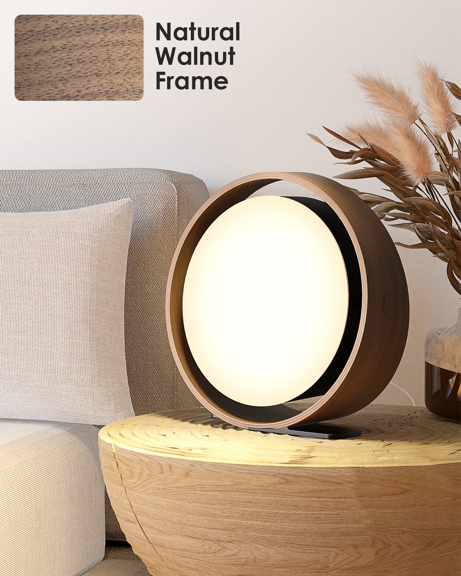 ALBINA Light Therapy Lamp, UV-Free 10,000 Lux Full Spectrum Happy Mood Lamp with RF Remote Control, Wooden Round Frame Sunlight Lamp for Home with Adjustable Color, Brightness, Timer, Memory