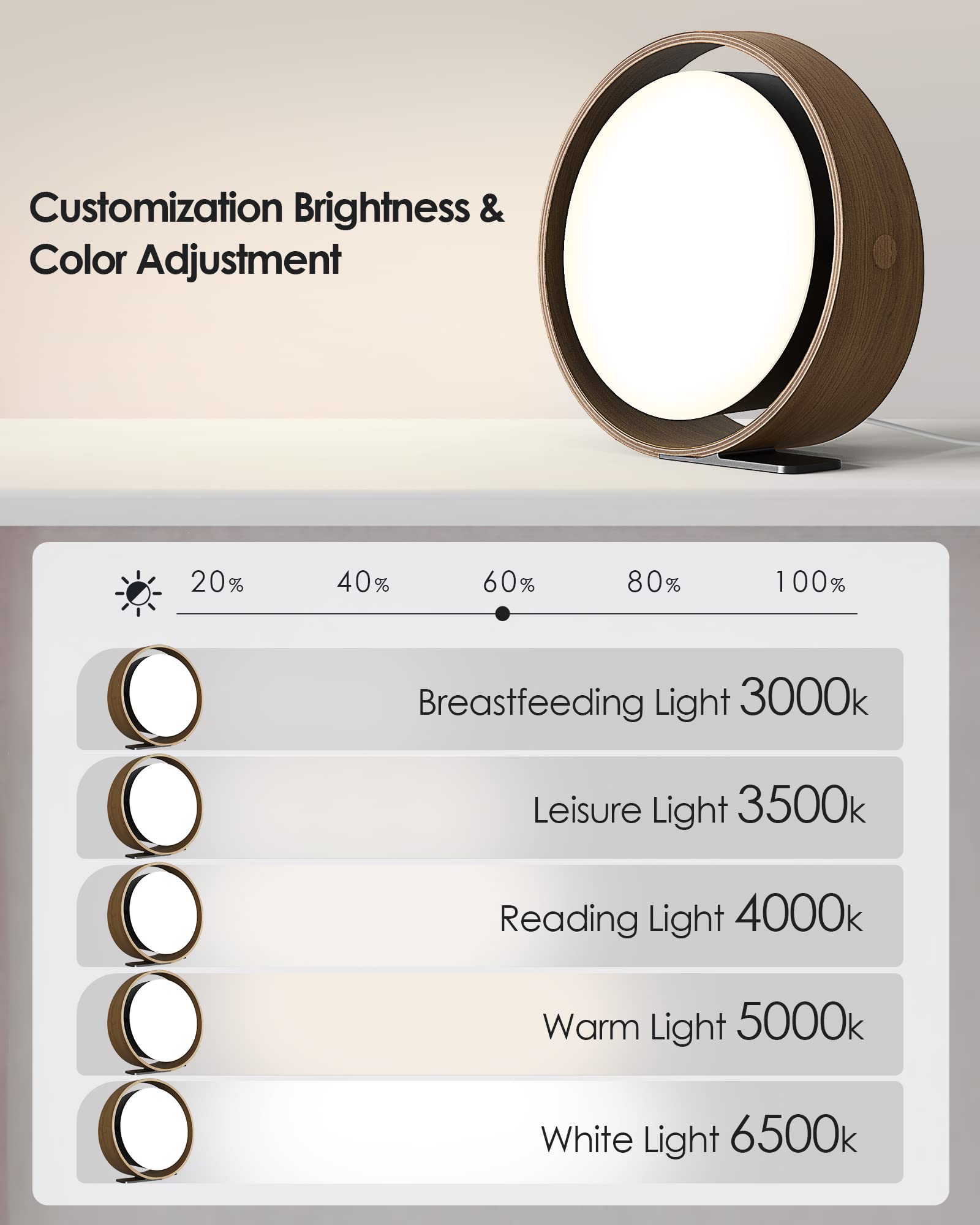 ALBINA Light Therapy Lamp, UV-Free 10,000 Lux Full Spectrum Happy Mood Lamp with RF Remote Control, Wooden Round Frame Sunlight Lamp for Home with Adjustable Color, Brightness, Timer, Memory