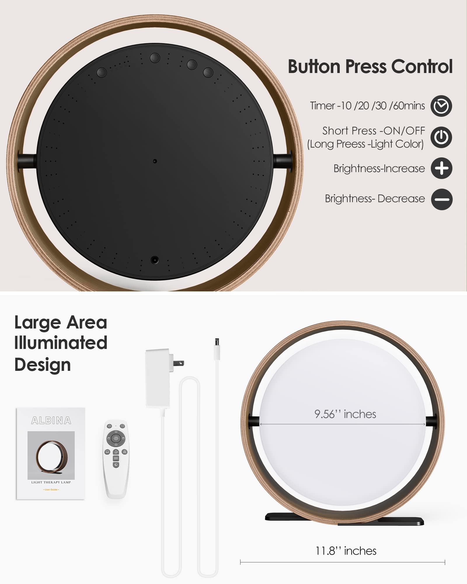 ALBINA Light Therapy Lamp, UV-Free 10,000 Lux Full Spectrum Happy Mood Lamp with RF Remote Control, Wooden Round Frame Sunlight Lamp for Home with Adjustable Color, Brightness, Timer, Memory