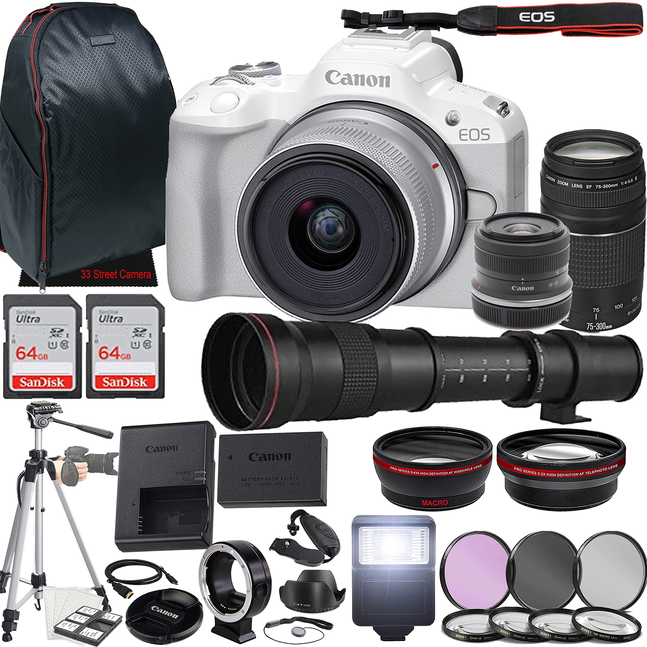 Canon EOS R50 Mirrorless Camera (White) w/RF-S 18-45mm f/4.5-6.3 is STM Lens + EF 75-300mm f/4-5.6 III Lens + 420-800mm f/8.3 HD Lens + 2X 64GB Memory + Case + Filters + More (35pc Bundle)