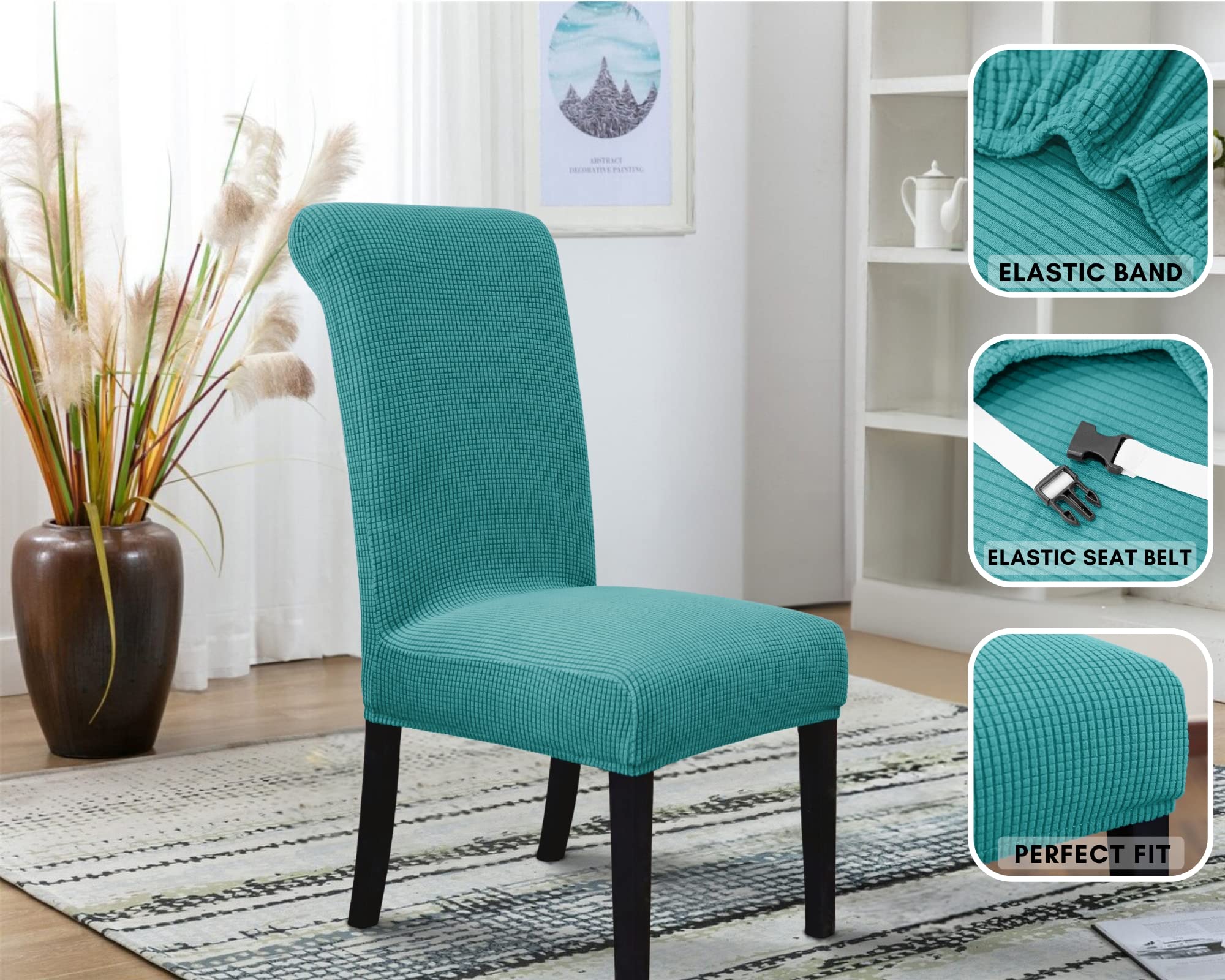 SPRINGRICO 4 Pack Dining Room Chair Covers with seat Belt, Stretch Parsons Chair Slipcover Washable Kitchen Dining Chair Cover Removable Seat Protector Set of 4, S1- Teal