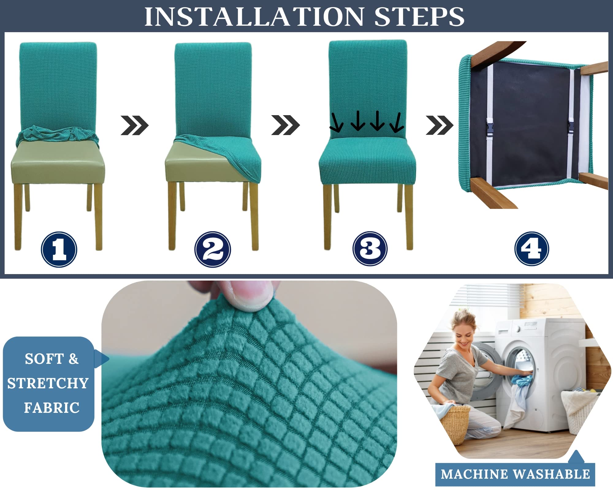 SPRINGRICO 4 Pack Dining Room Chair Covers with seat Belt, Stretch Parsons Chair Slipcover Washable Kitchen Dining Chair Cover Removable Seat Protector Set of 4, S1- Teal