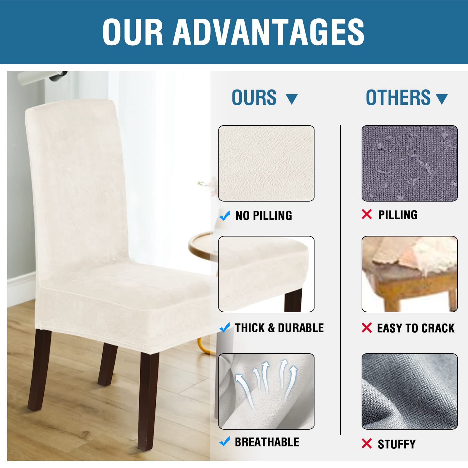 H.VERSAILTEX Dining Chair Covers Velvet Stretch Chair Covers for Dining Room Set of 6 Parson Chair Slipcovers Chair Protectors Covers, Soft Thick Solid Velvet Fabric Washable, Ivory