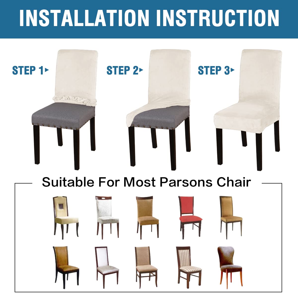 H.VERSAILTEX Dining Chair Covers Velvet Stretch Chair Covers for Dining Room Set of 6 Parson Chair Slipcovers Chair Protectors Covers, Soft Thick Solid Velvet Fabric Washable, Ivory