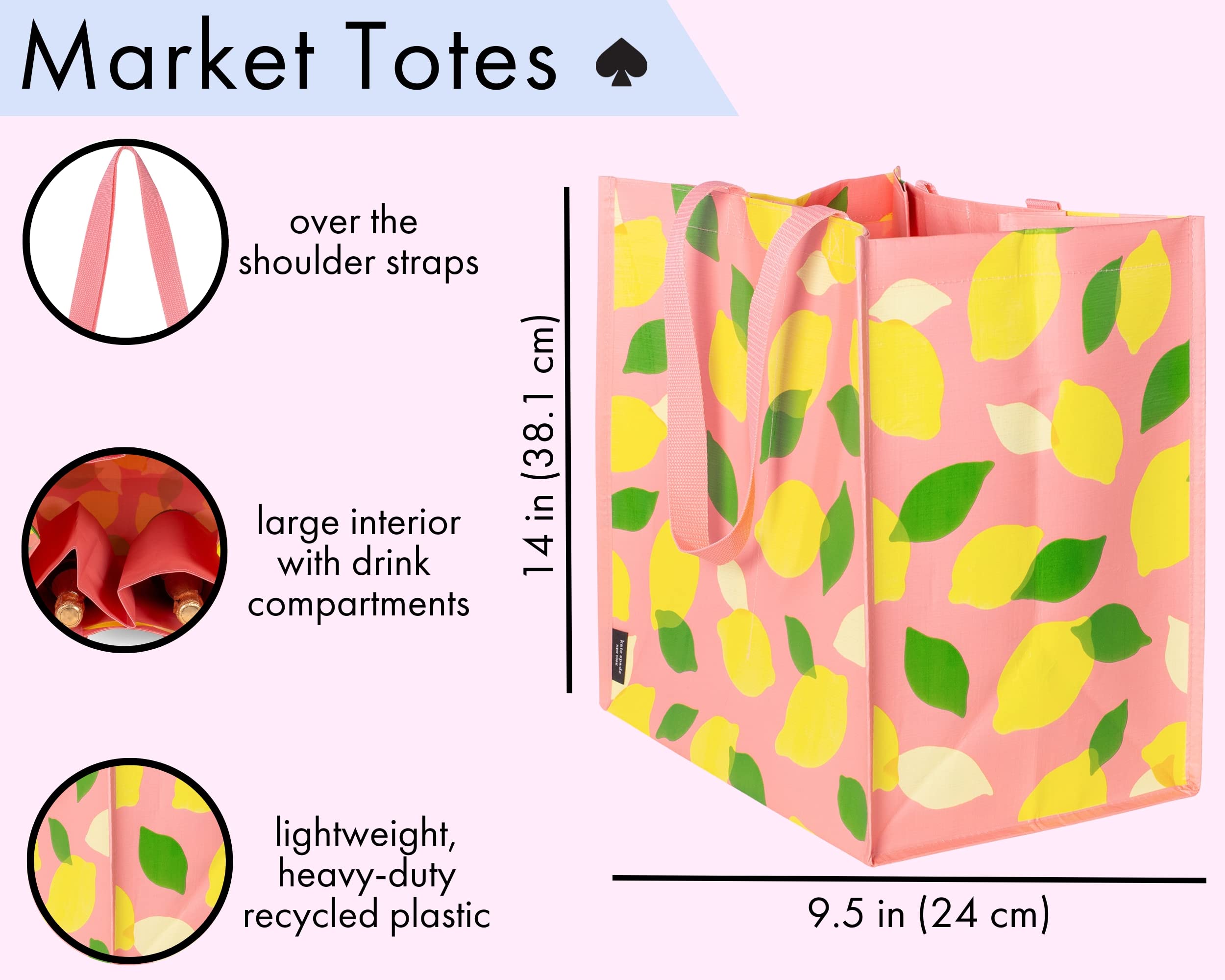 kate spade new york Pink Reusable Shopping Bag, Grocery Tote with Shoulder Straps, Large Collapsible Tote, Lemon Toss