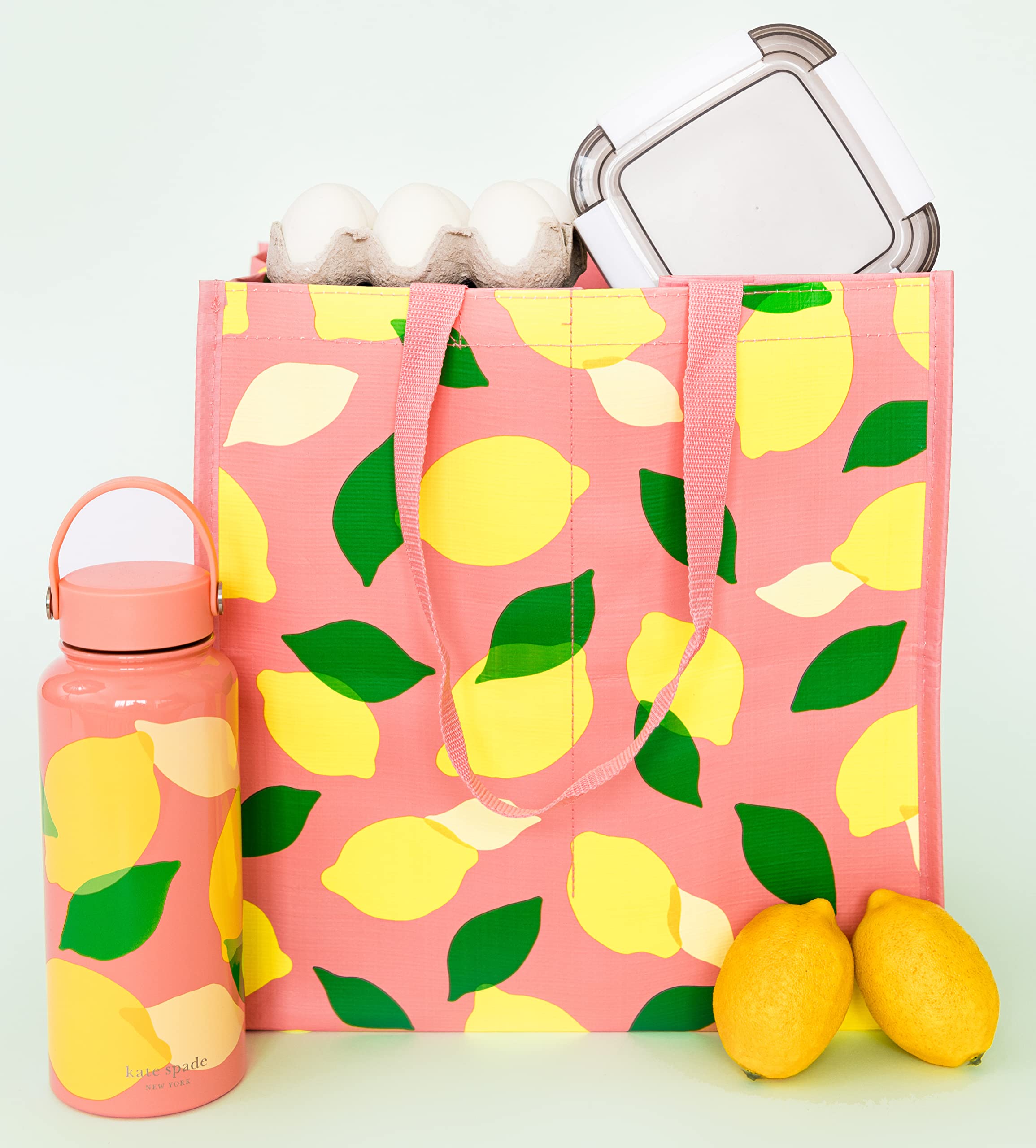 kate spade new york Pink Reusable Shopping Bag, Grocery Tote with Shoulder Straps, Large Collapsible Tote, Lemon Toss