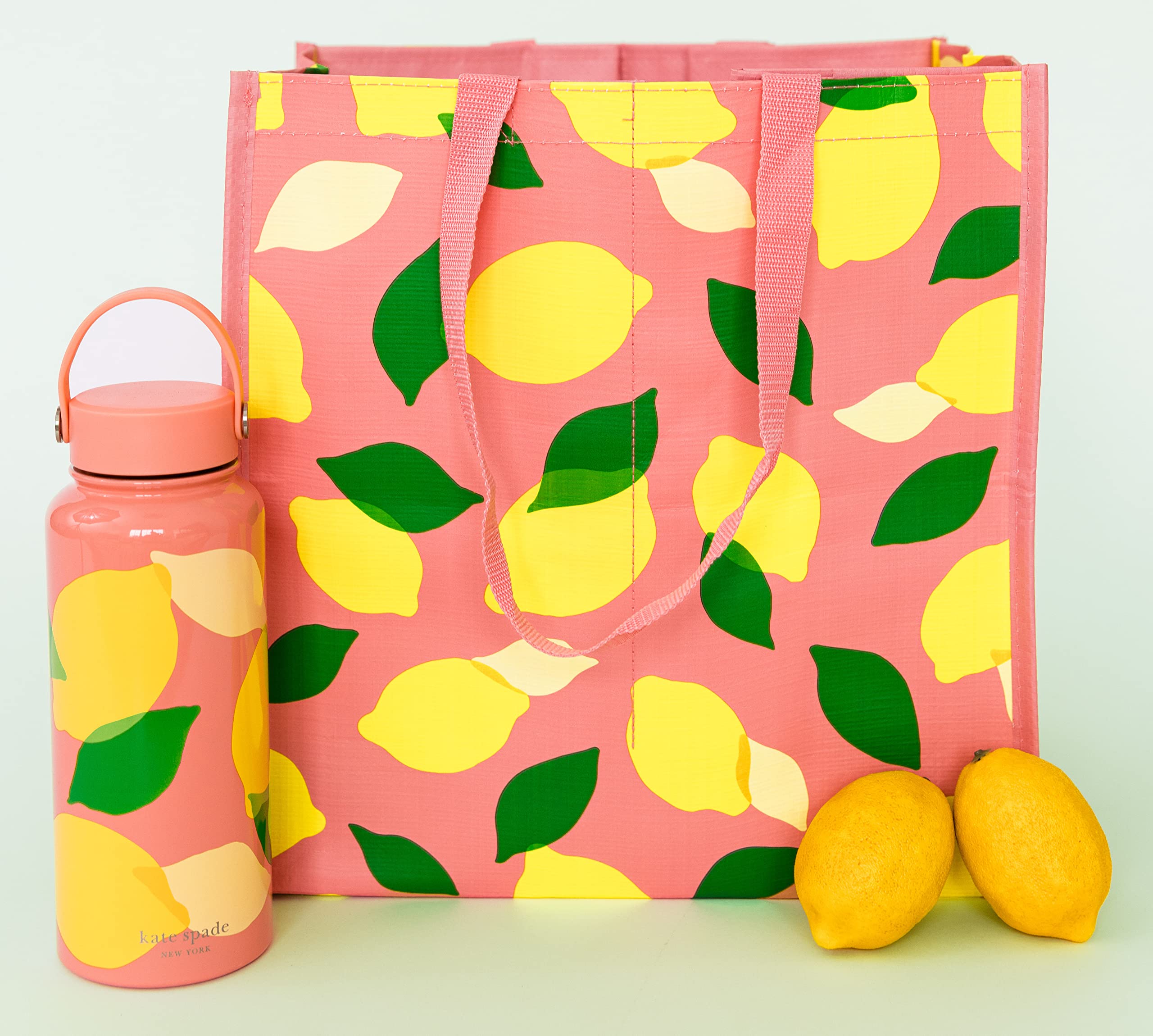 kate spade new york Pink Reusable Shopping Bag, Grocery Tote with Shoulder Straps, Large Collapsible Tote, Lemon Toss