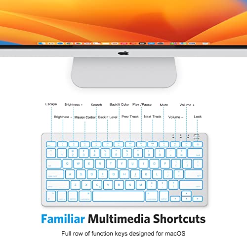 Emetok Bluetooth Keyboard for Mac [7-Colors Backlit, Aluminum Base], Ultra Slim Rechargeable Bluetooth 5.1 Keyboard [Upgraded Scissor Keys] for MacBook Air/Pro, iMac, iMac Pro, Mac Mini/Pro, Silver