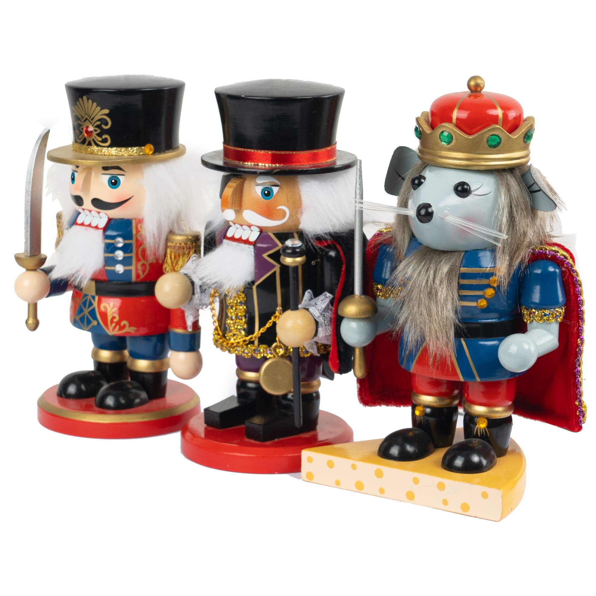 FUNPENY 3 Set Christmas Nutcrackers Figures, 7 Inch Handmade Wooden Mouse King Soldier and Pirate Traditional Nutcracker Decorations for Fall Festive Christmas Desktop Collectible Decor