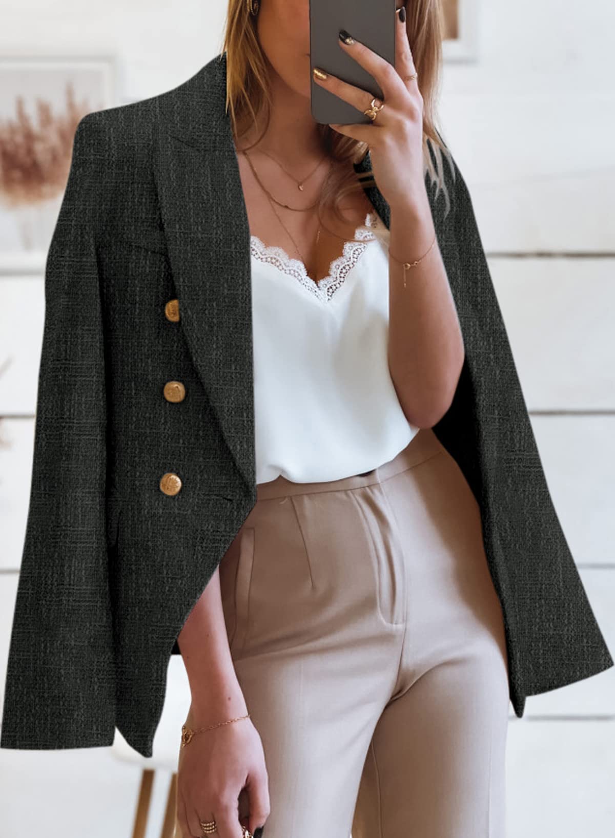 Happy Sailed Dressy Blazers for Women 2025 Classic Fall Long Sleeve Double Breasted Tweed Blazer Jackets Casual Lapel Collar Open Front Business Outfits Work Suits Professional Black Small
