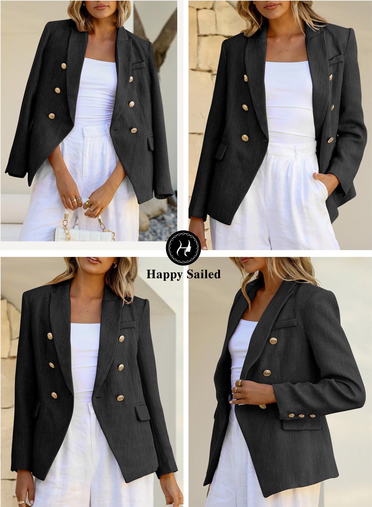 Happy Sailed Dressy Blazers for Women 2025 Classic Fall Long Sleeve Double Breasted Tweed Blazer Jackets Casual Lapel Collar Open Front Business Outfits Work Suits Professional Black Small