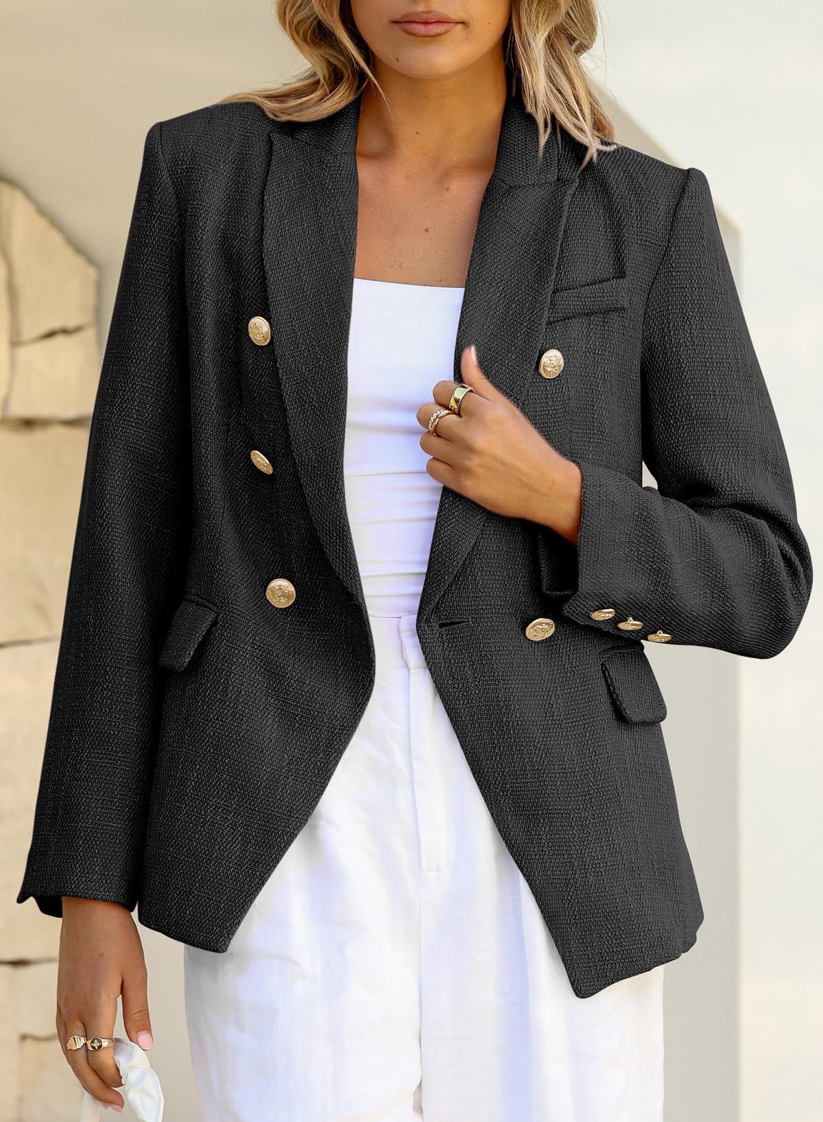 Happy Sailed Dressy Blazers for Women 2025 Classic Fall Long Sleeve Double Breasted Tweed Blazer Jackets Casual Lapel Collar Open Front Business Outfits Work Suits Professional Black Small